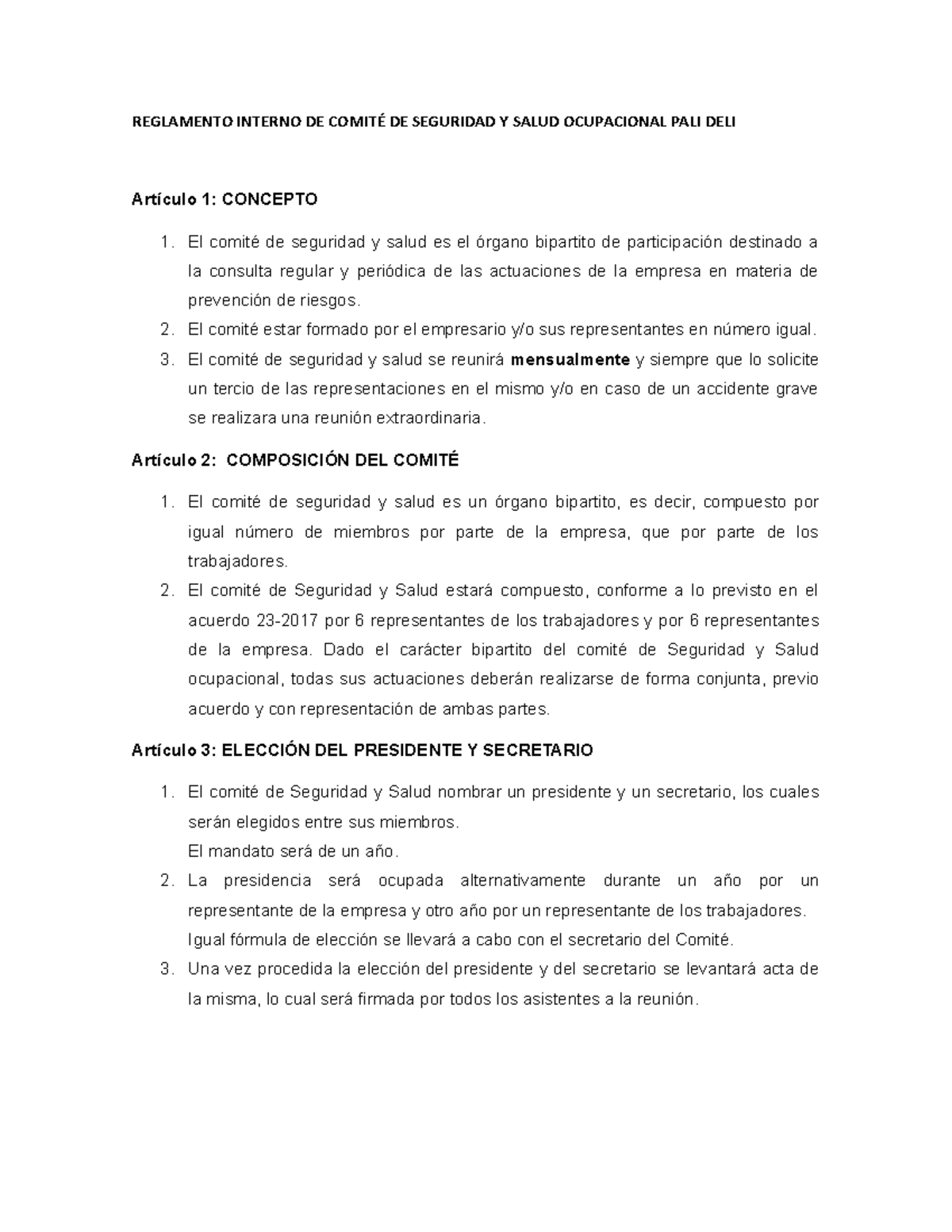 Reglamento Interno DE Comité DE Seguridad Y Salud Ocupacional - REGLAMENTO INTERNO DE COMITÉ DE ...