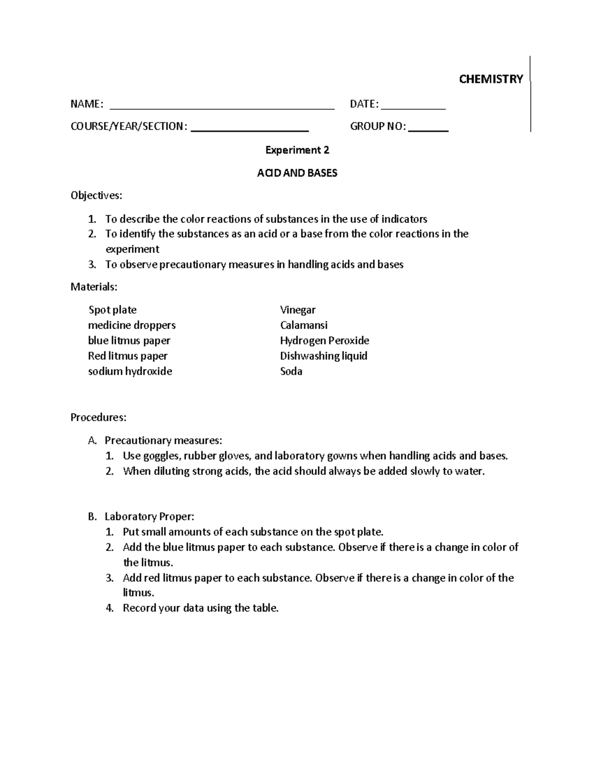 Experiment 2 Acids and Bases Exp - CHEMISTRY NAME: DATE: COURSE/YEAR ...