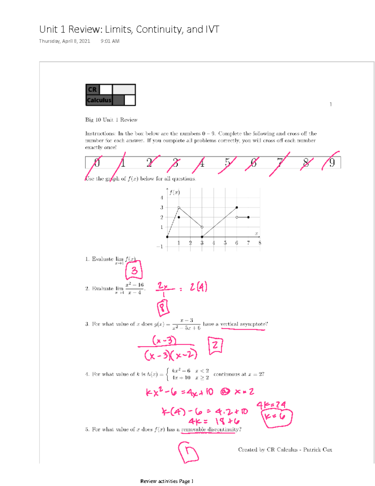 Review Activities - Unit 1 Review: Limits, Continuity, and IVT Thursday ...