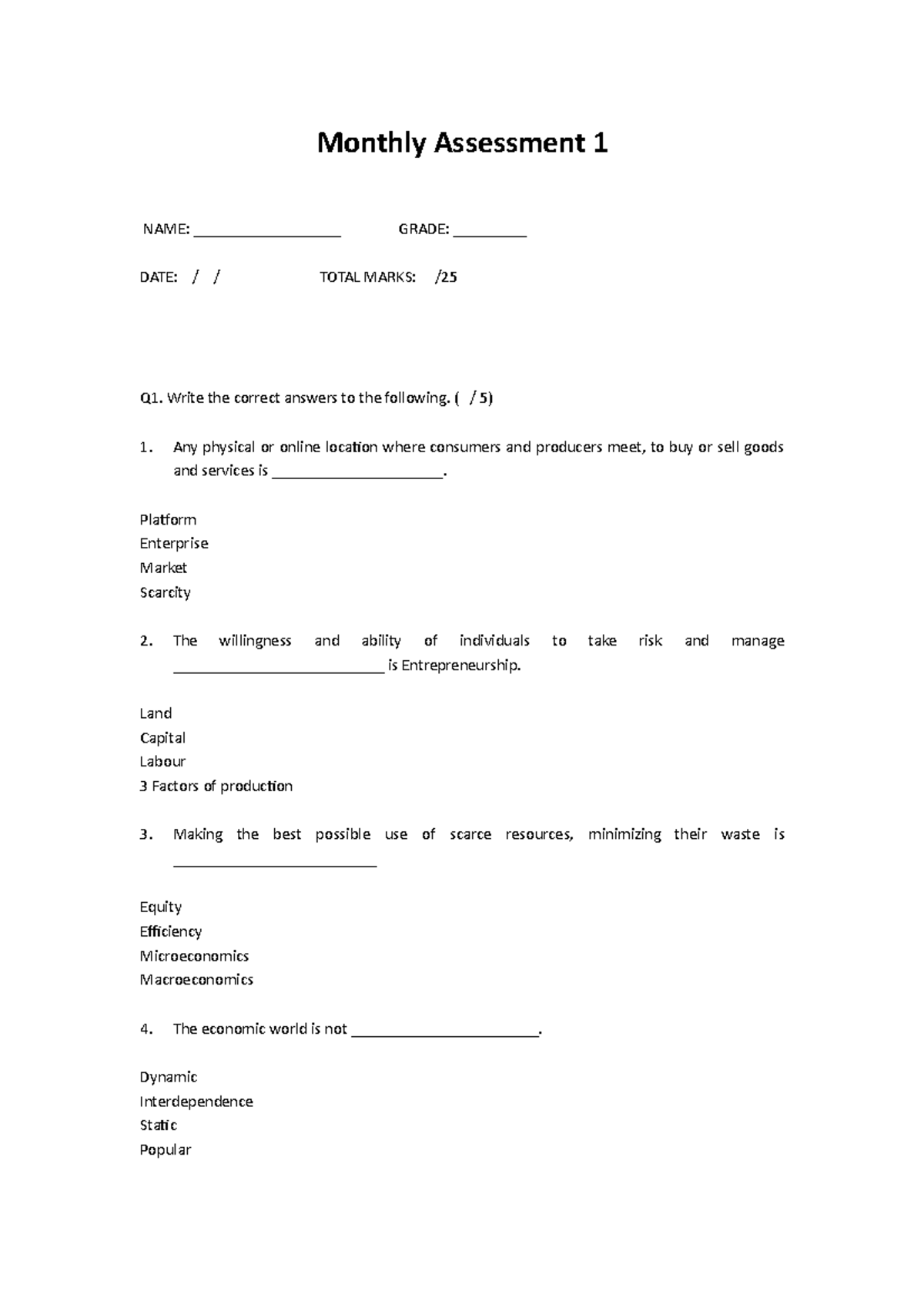 Monthly Test 1 - test - Monthly Assessment 1 NAME ...