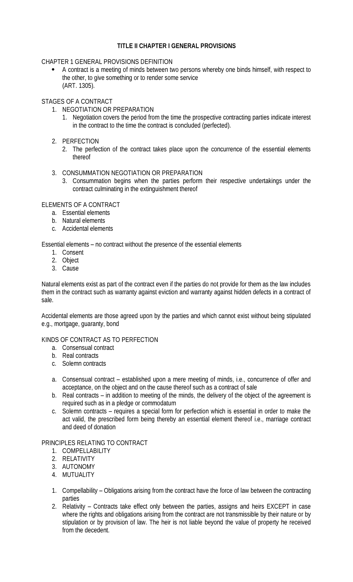 Summary- Contracts - TITLE II CHAPTER I GENERAL PROVISIONS CHAPTER 1 GENERAL PROVISIONS ...
