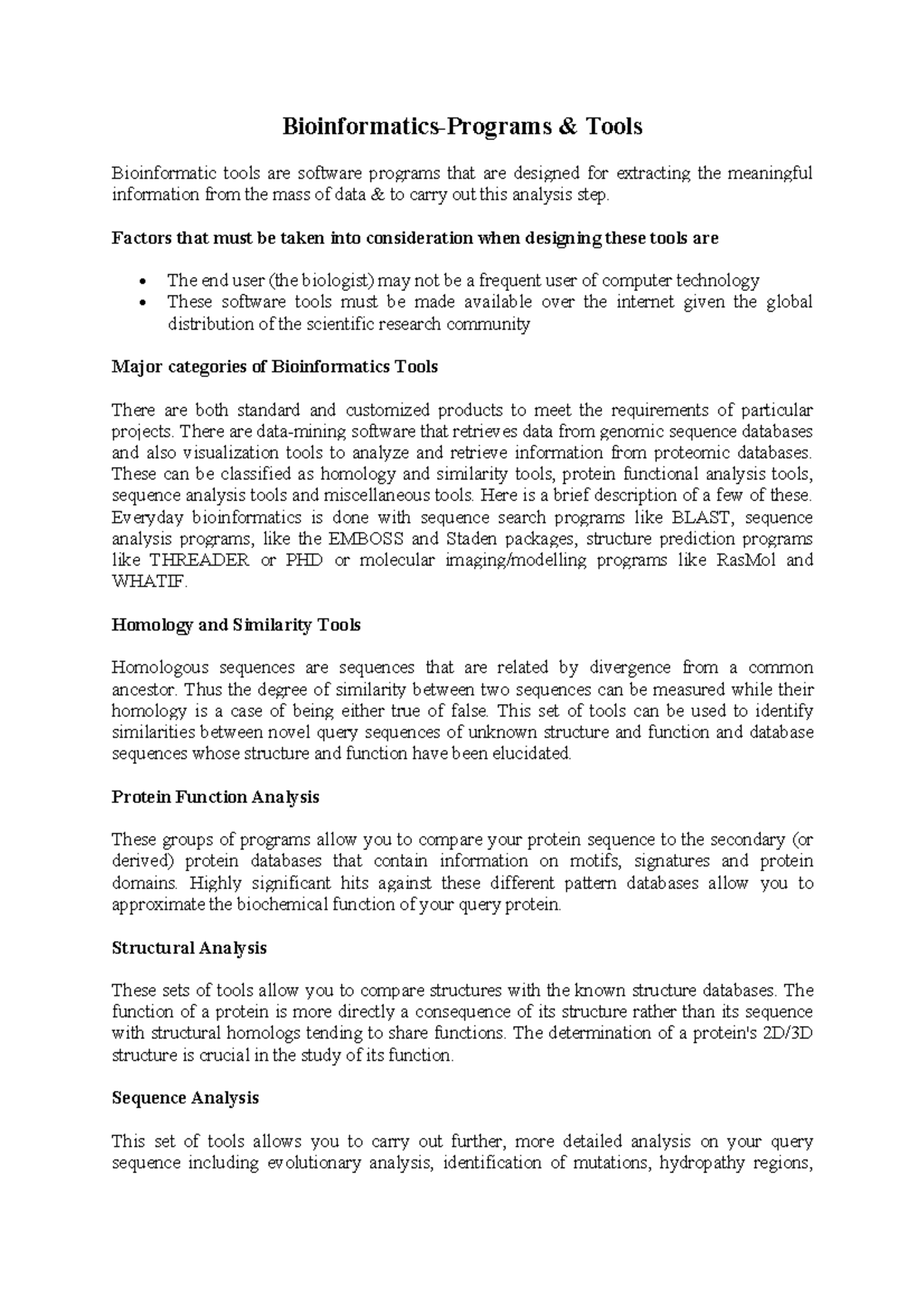 Bioinformatics Programs And Tools Bioinformatics Programs And Tools