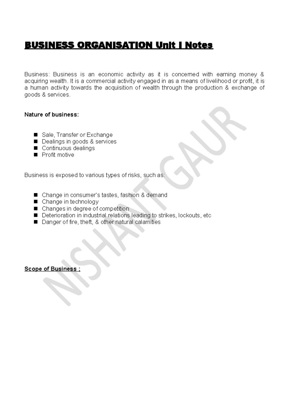 business organization unit 1 notes - BUSINESS ORGANISATION Unit I Notes ...