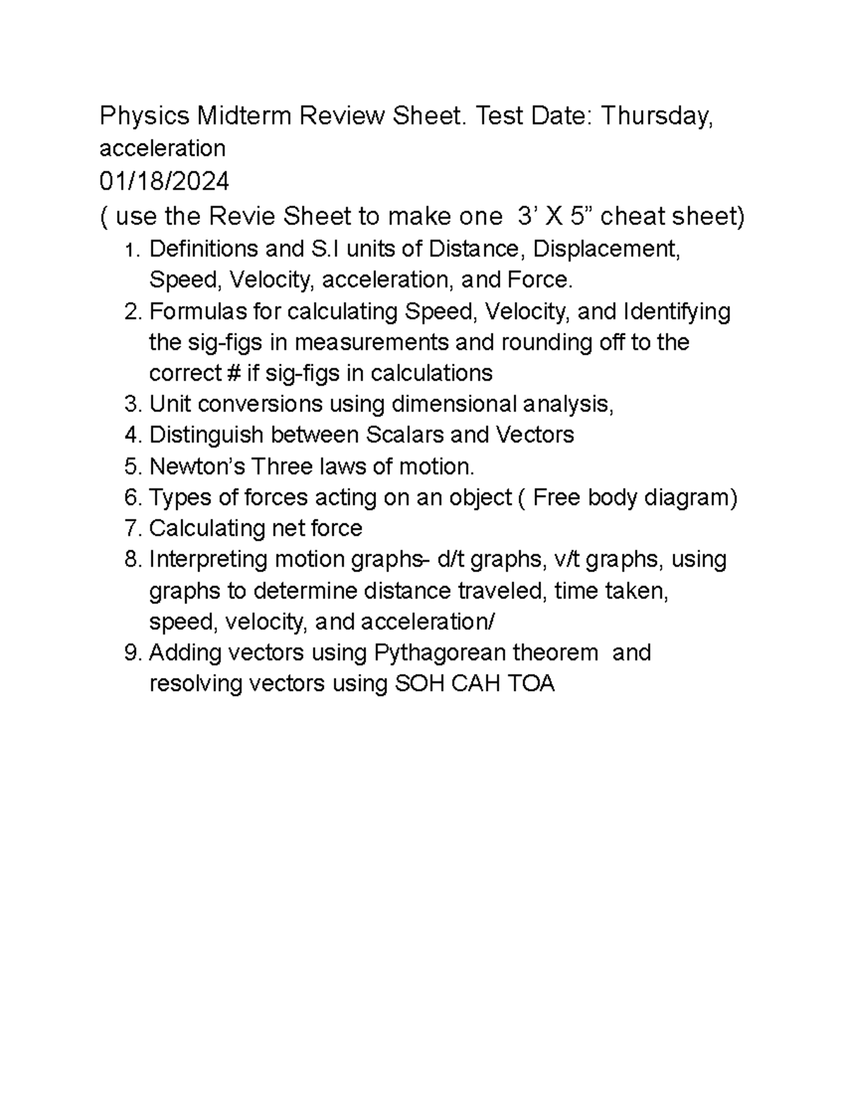 Physics Midterm Review Sheet - Test Date: Thursday, acceleration 01/18 ...
