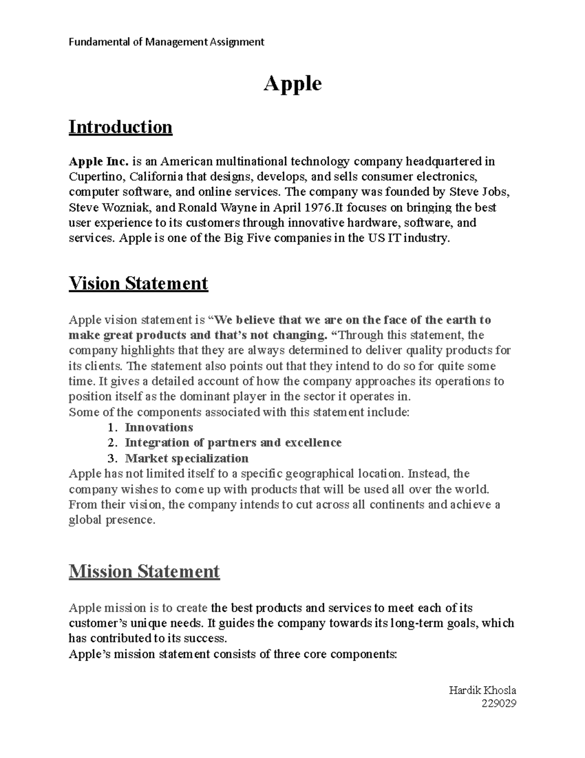 Fom rep1 - Fundamental of Management Assignment Apple Introduction ...