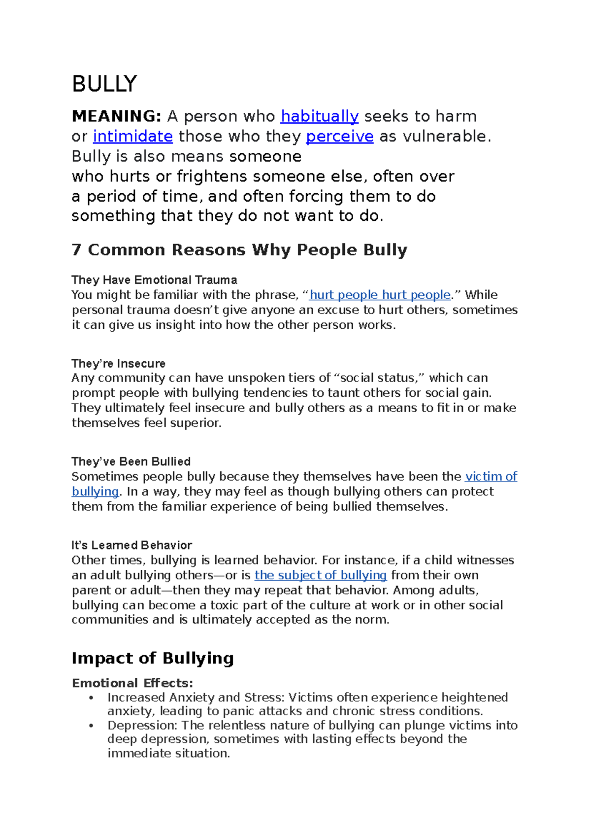 Bully - BULLY MEANING: A person who habitually seeks to harm or ...
