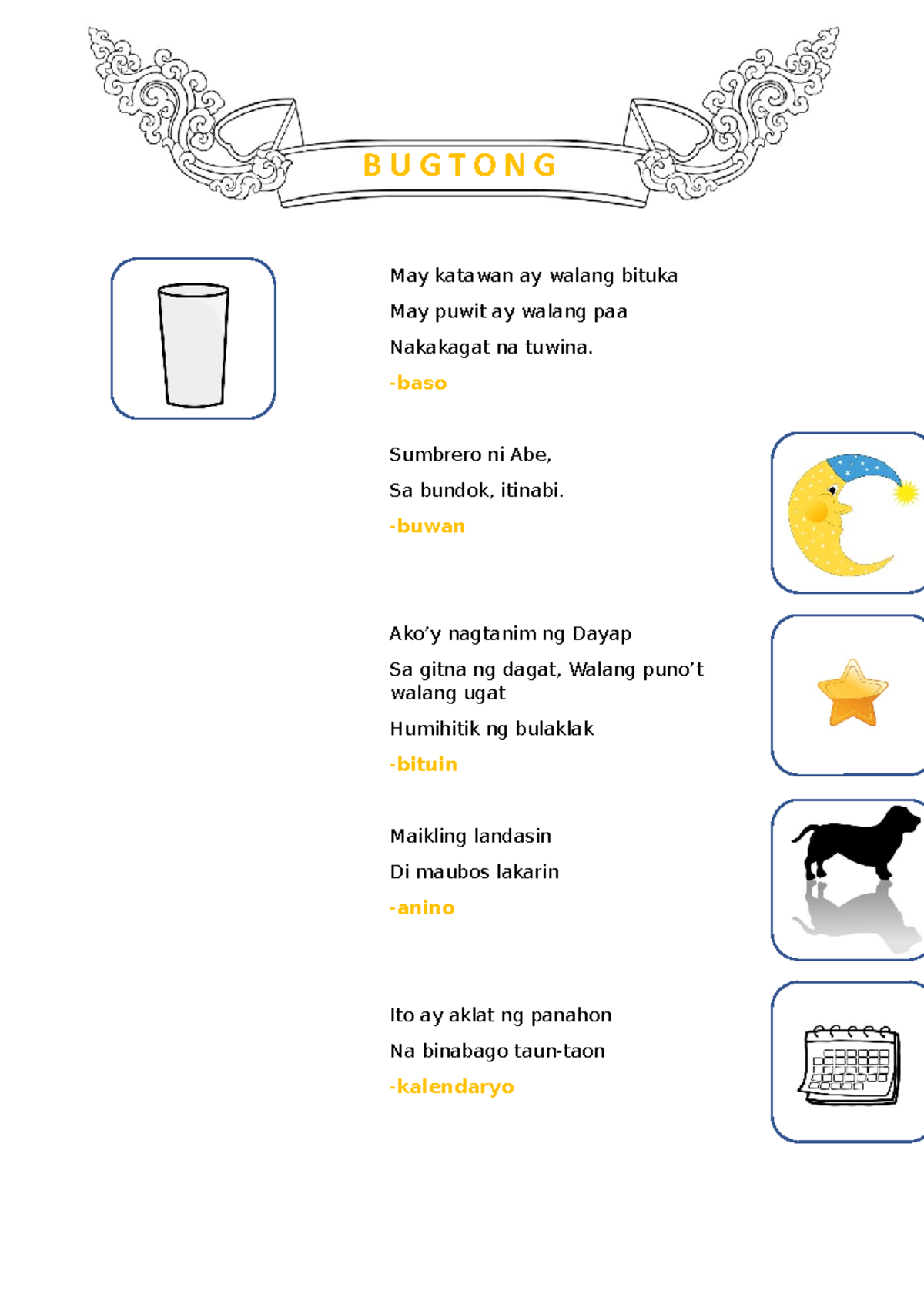 Panitikan 5TH - B U G T O N G May katawan ay walang bituka May puwit ay ...