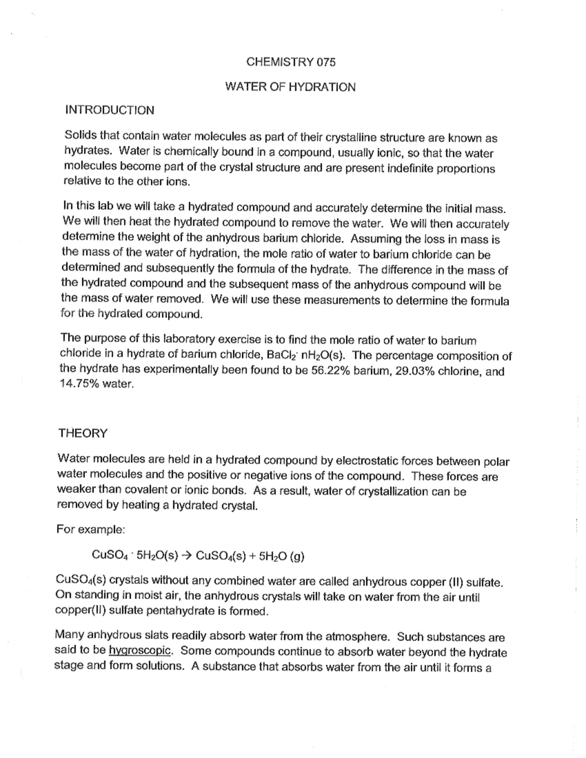 Chm075 hydration - lab report - CHEMISTRY 075 WATER OF HYDRATION ...