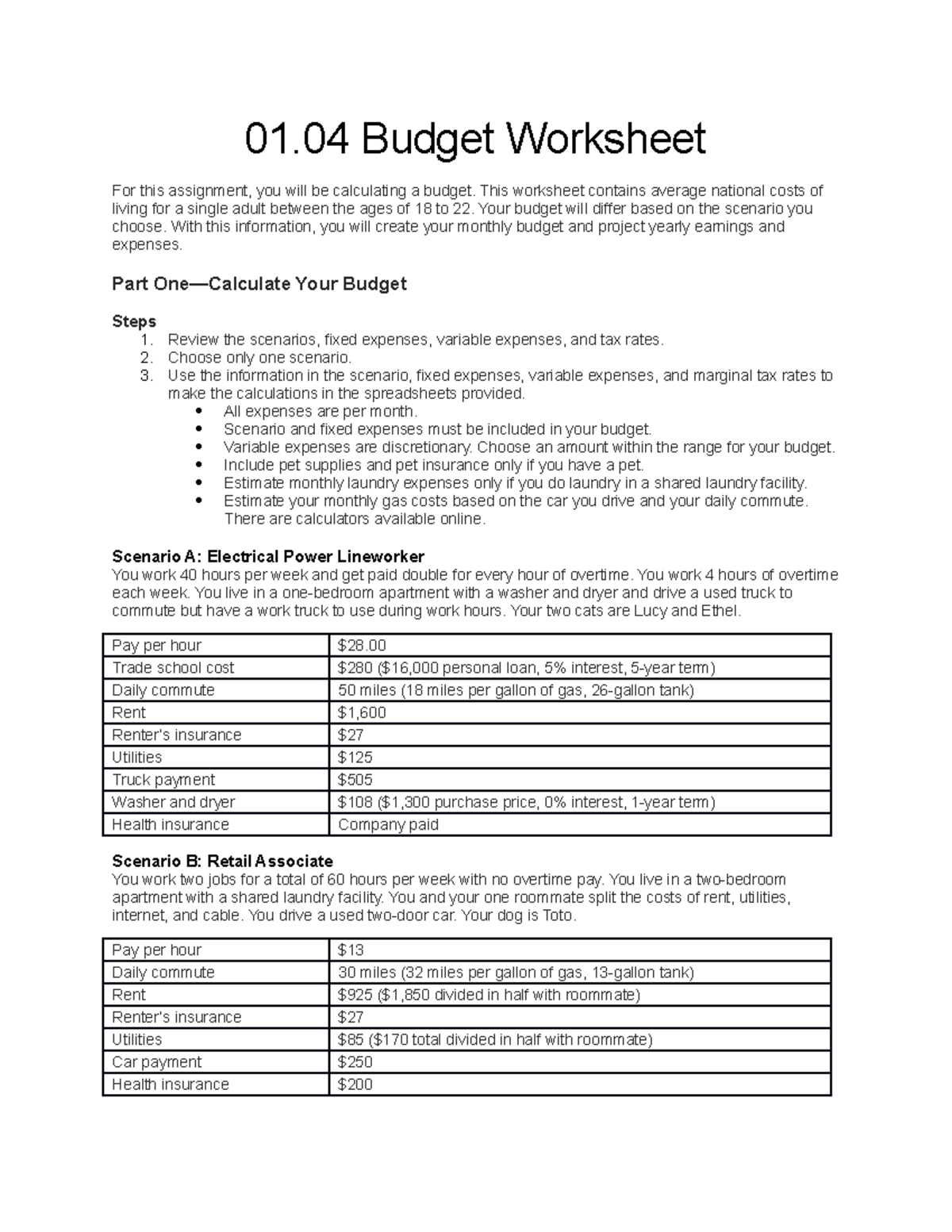 Budget worksheet for virtual labratory example - 01 Budget Worksheet ...