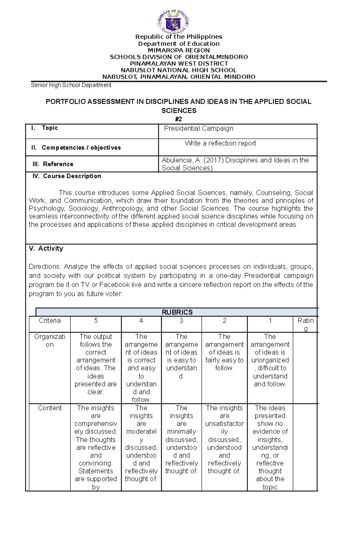 Portfolio Entry 2 Diass Republic Of The Philippines Department Of Education Mimaropa Region