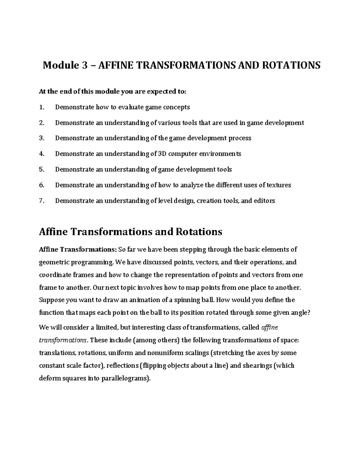 GAME Engine Programming 2 WEEK 3 Module 3 - Module 3 – AFFINE TRANSFORMATIONS AND ROTATIONS At ...