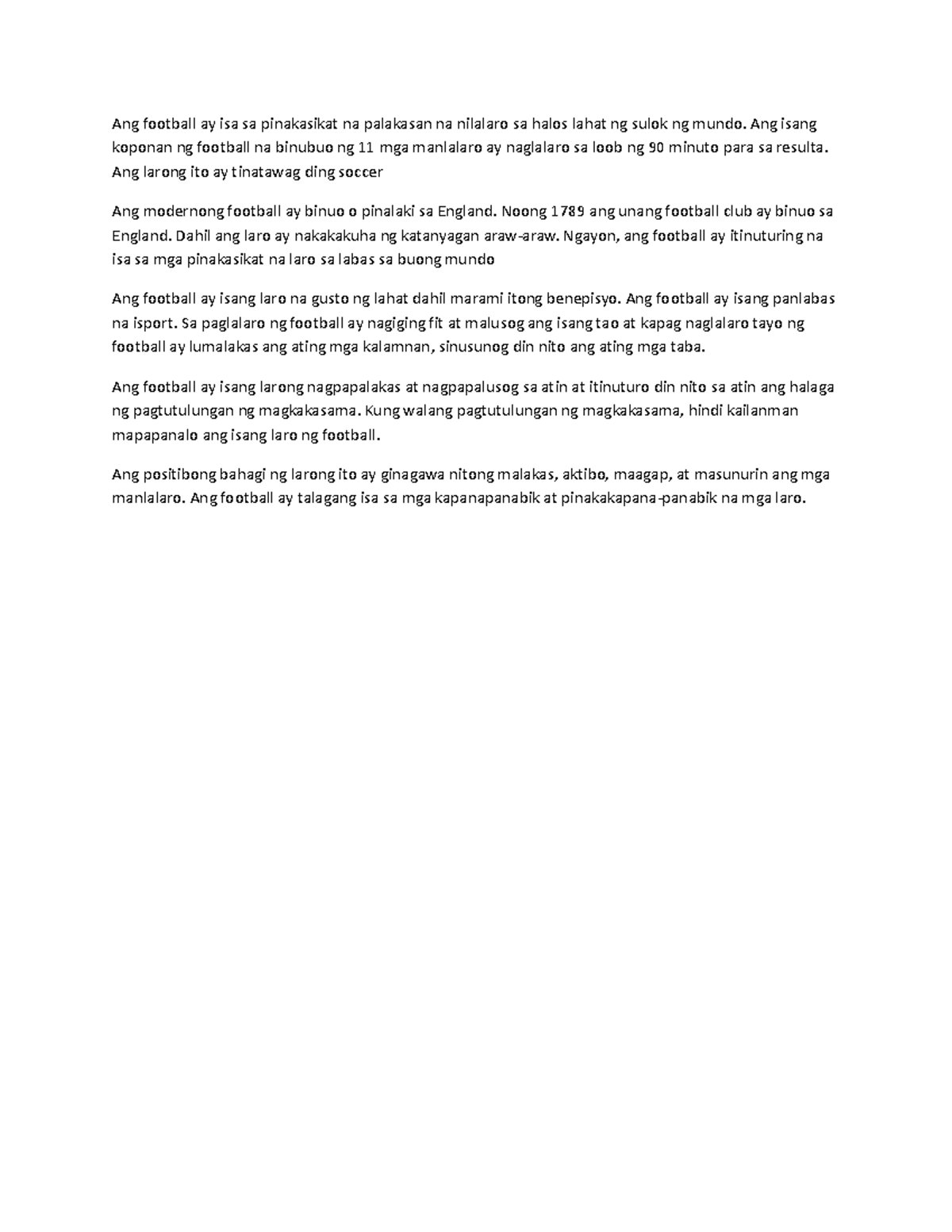 Pagbasaessay DES - filipino essay - Ang football ay isa sa pinakasikat ...