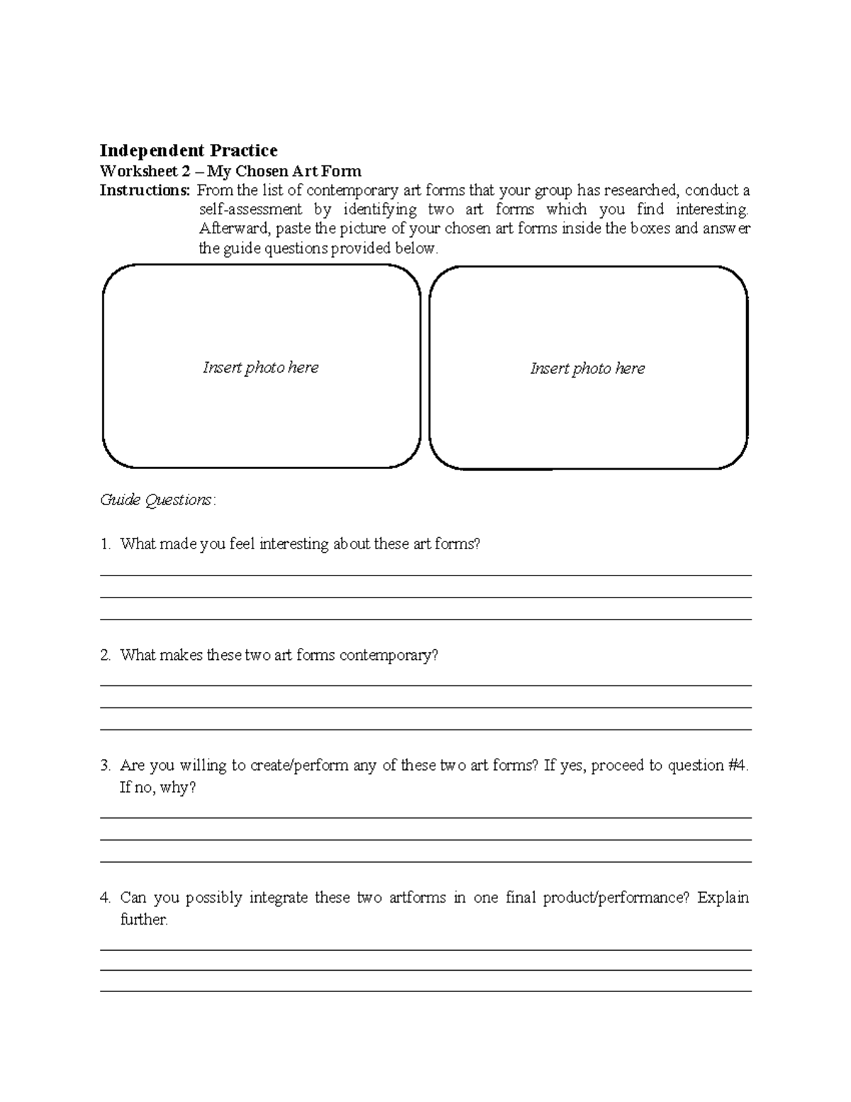 Performance-num - Arts - Independent Practice Worksheet 2 – My Chosen ...