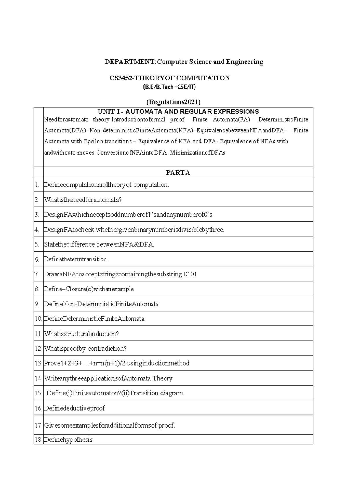 Cs3452 Theory Of Computaion Question Bank 4th Semester Department Computer Science And