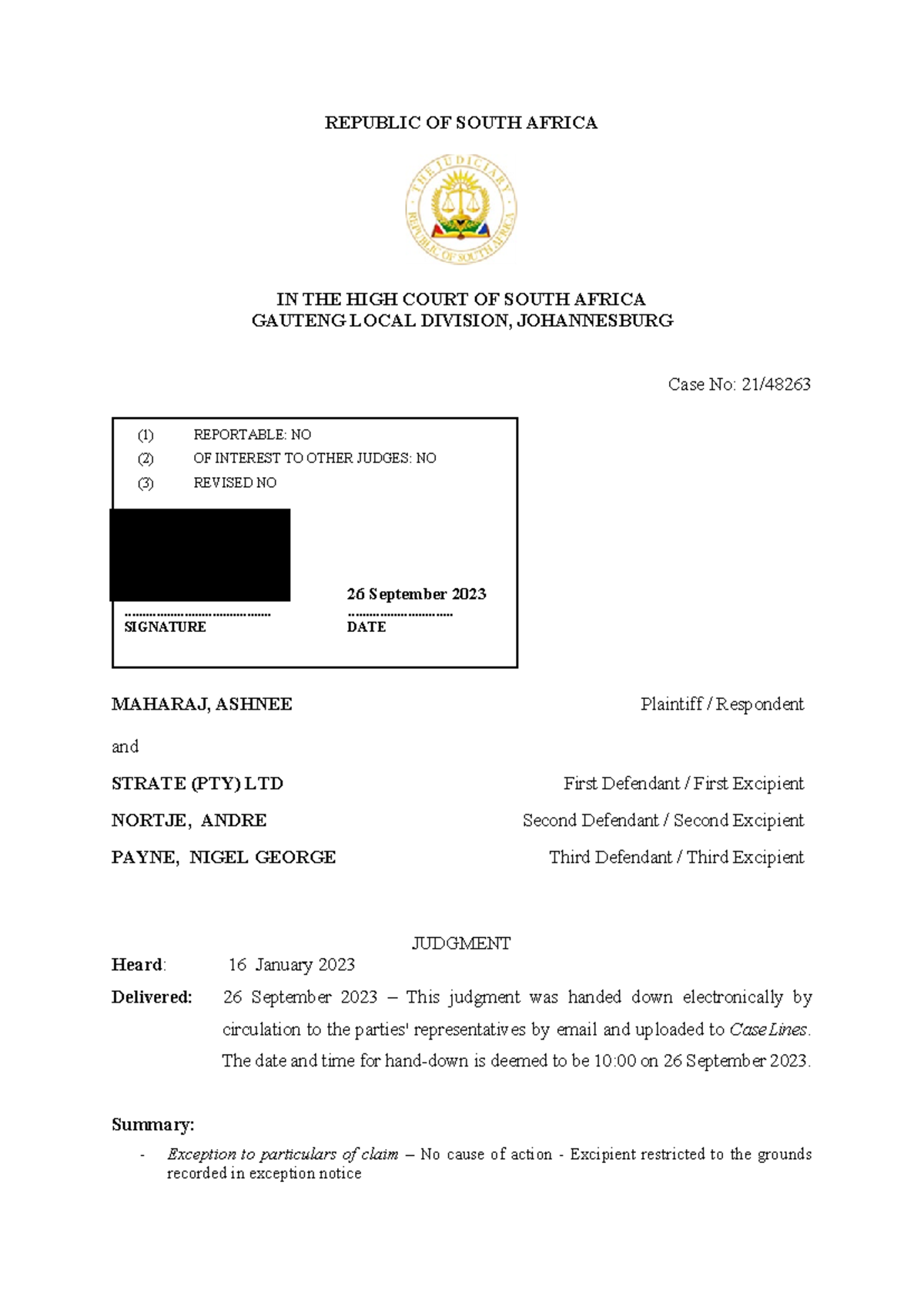 Maharaj, Ashnee v Strate - REPUBLIC OF SOUTH AFRICA IN THE HIGH COURT ...