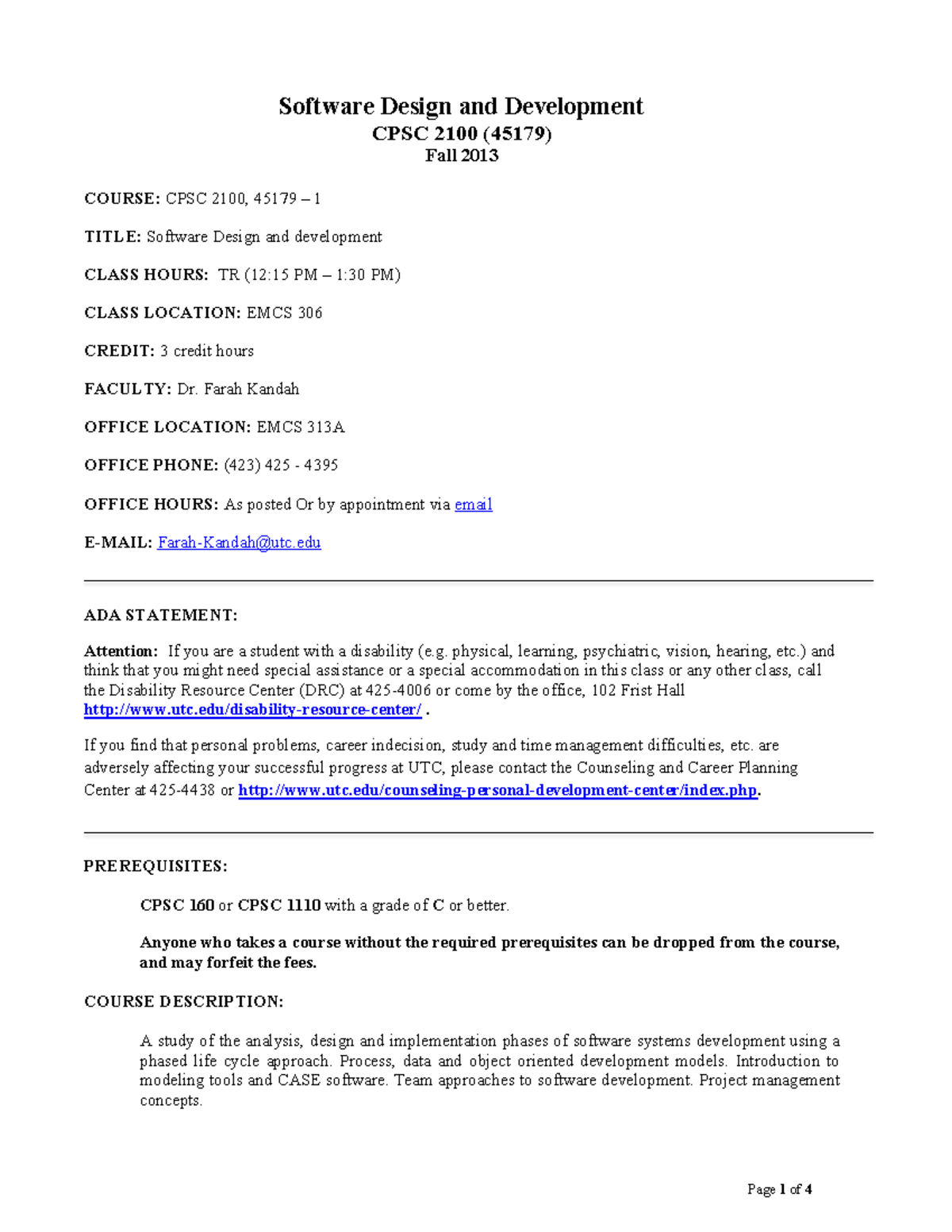 Cpsc 2100 syllabus fall2013 - Software Design and Development CPSC 2100 ( 45179) Fall 2013 ...