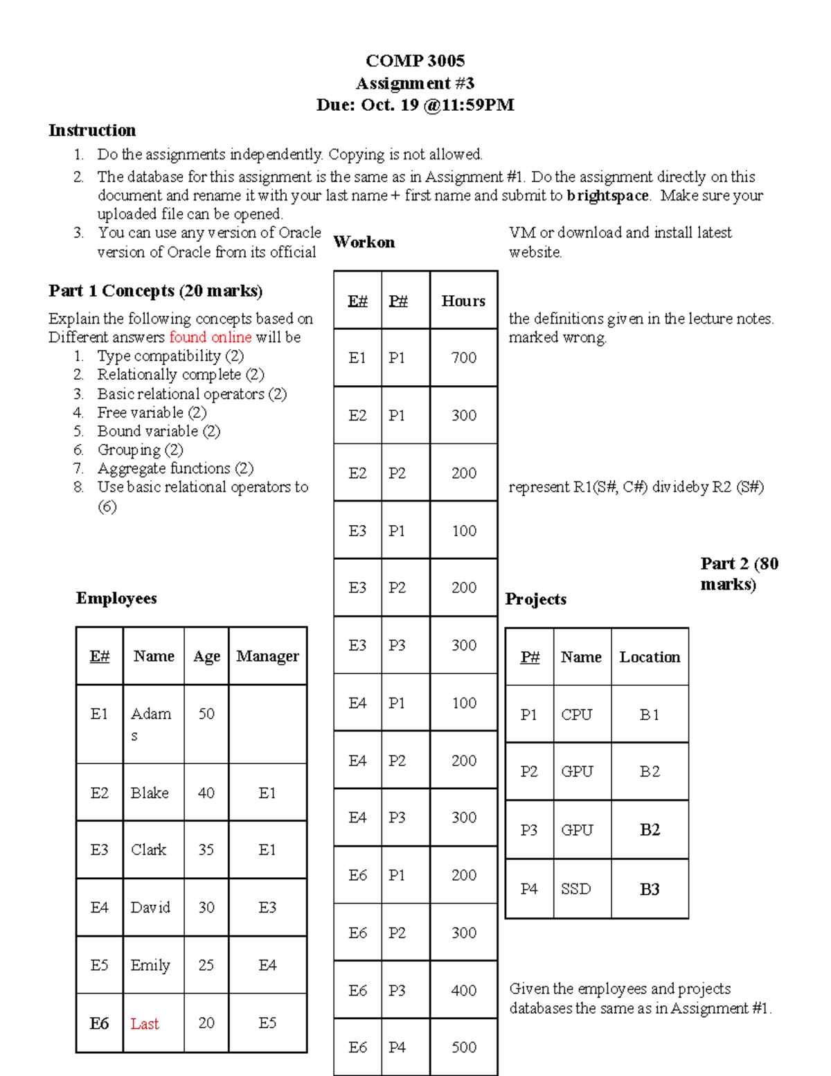 23F-A3 - 23F-A3 - COMP 3005 Assignment Due: Oct. 19 @11:59PM ...