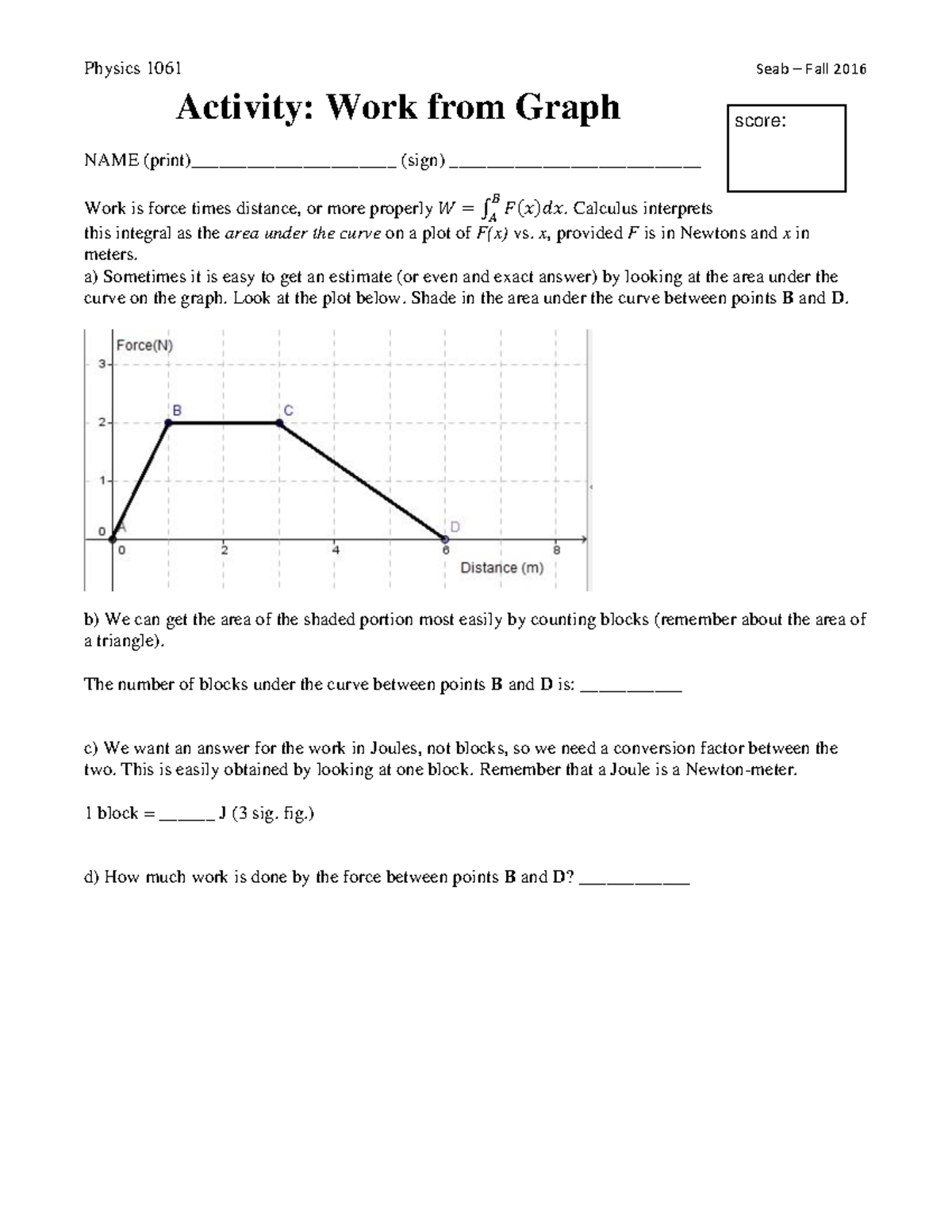 Activity Work from a Graph - Physics 1061 Seab – Fall 2016 Activity ...