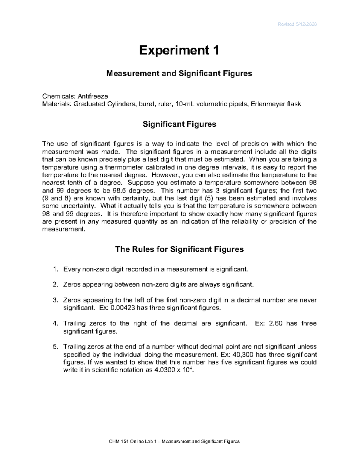 151 01 Online Lab 1 - Experiment 1 Measurement and Significant Figures ...