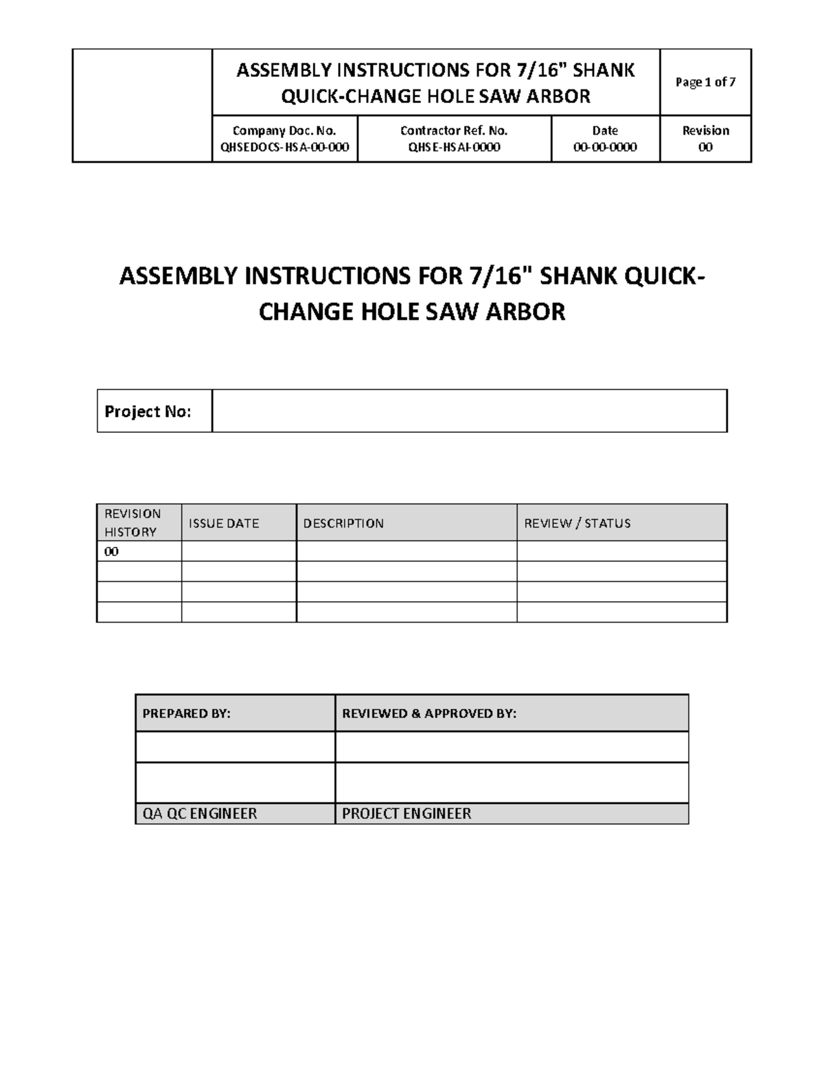 Assembly Instructions FOR Shank Quick- Change HOLE SAW Arbor - QUICK ...