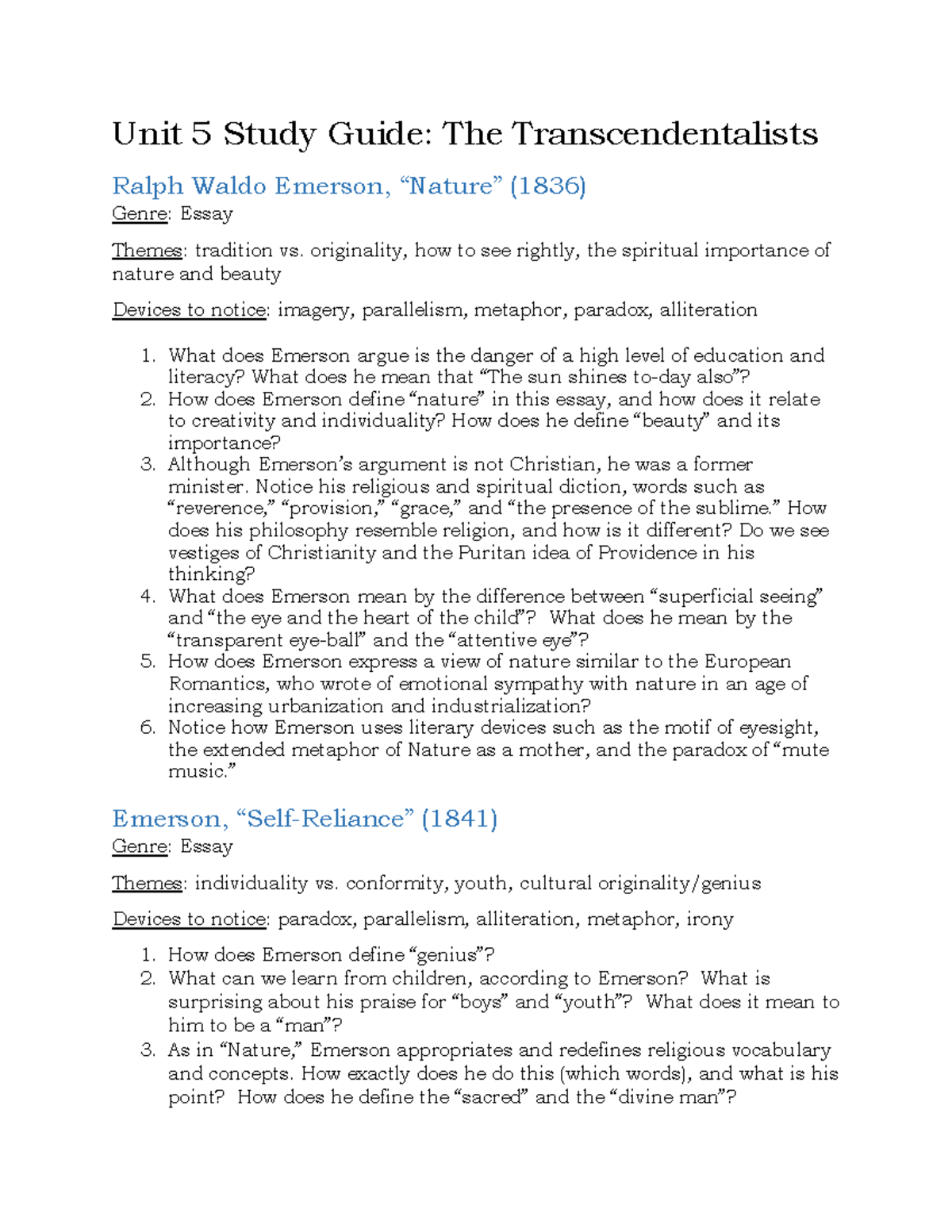 Unit 5 Study Guide - Unit 5 Study Guide: The Transcendentalists Ralph ...