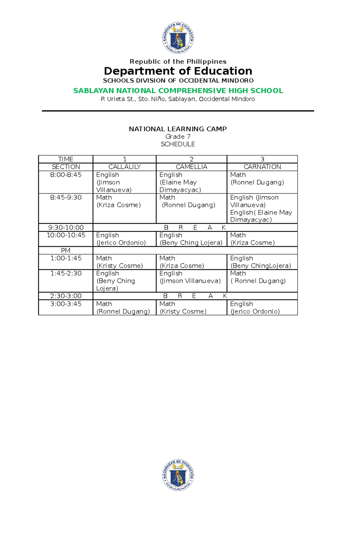 NLC- Schedule - teachers Program - SABLAYAN NATIONAL COMPREHENSIVE HIGH ...
