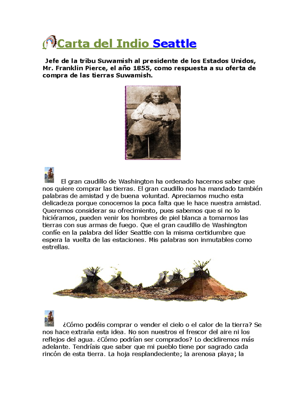 Carta DEL Indio Seattle - ( Carta del Indio Seattle Jefe de la tribu ...