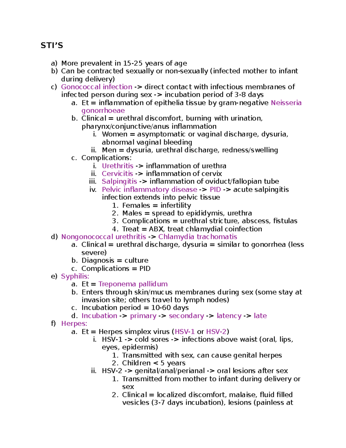 STIs - STIs lecture notes - STI’S a) More prevalent in 15-25 years of ...