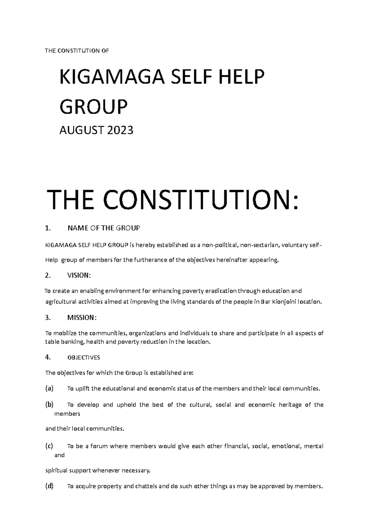 THE Constitution OF Jitolee SELF HELP Group - THE CONSTITUTION OF ...