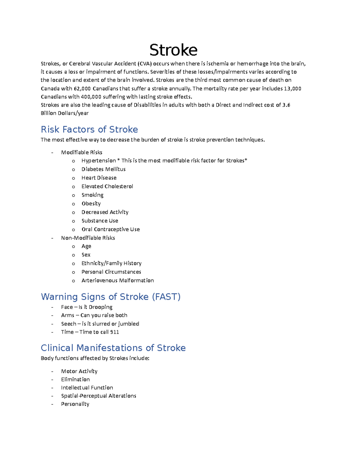 Stroke - Lecture Notes - Stroke Strokes, or Cerebral Vascular Accident ...