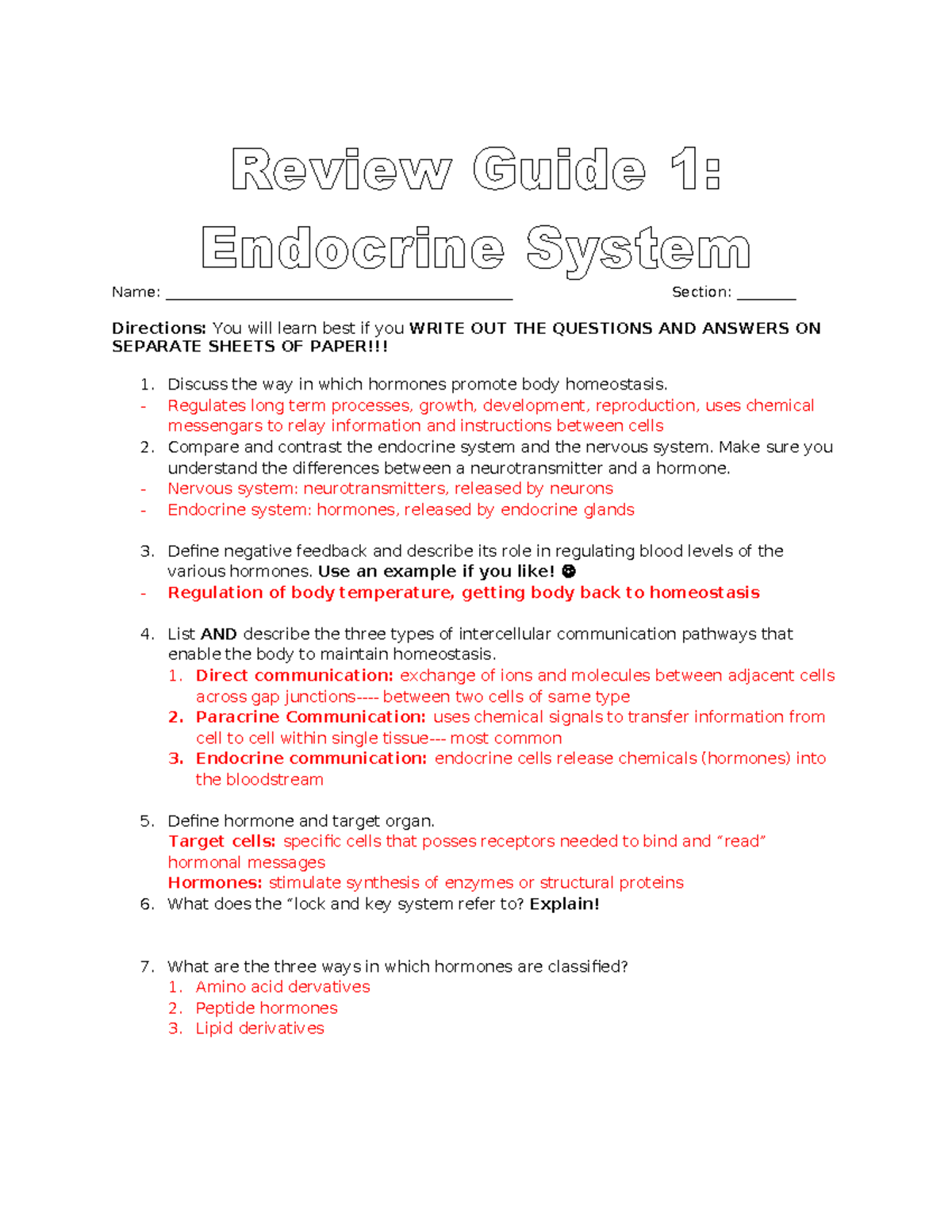 1 Endocrine System Review Guide - Name ...