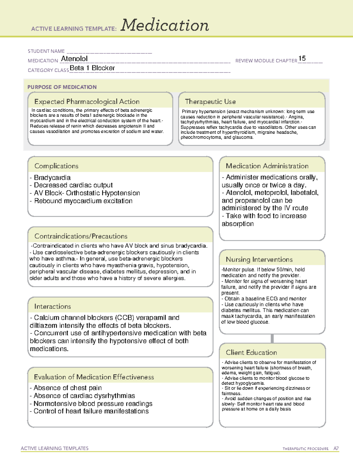 Atenolol - ACTIVE LEARNING TEMPLATES TherapeuTic procedure A Medication ...
