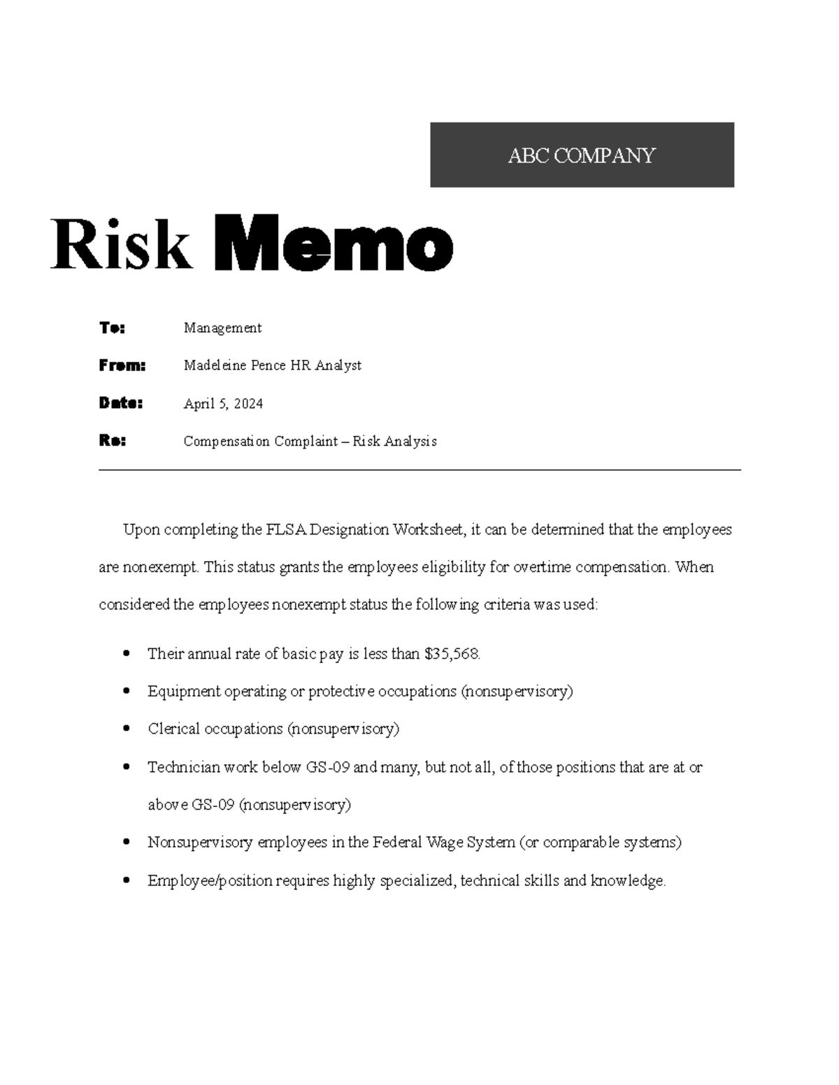 HRM225 5-1 Project 1 Risk Memo - ABC COMPANY Risk Memo To: Management ...