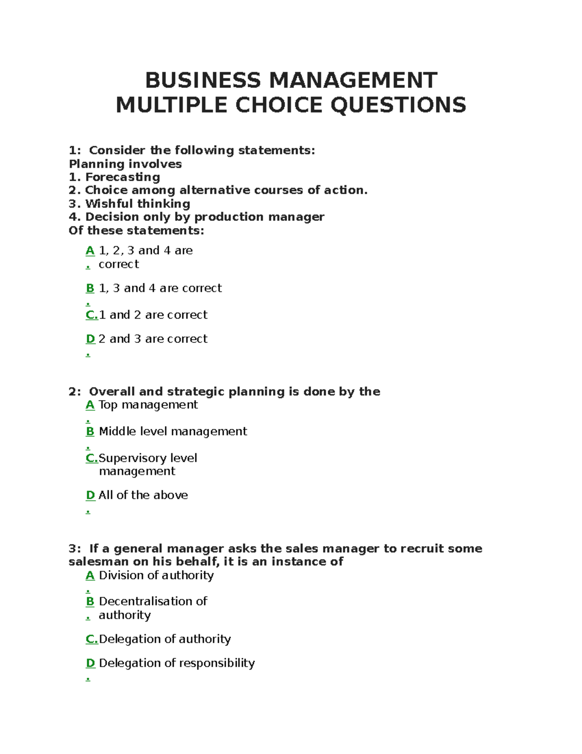 Business Management Multiple Choice QUES - BUSINESS MANAGEMENT MULTIPLE CHOICE QUESTIONS 1 ...