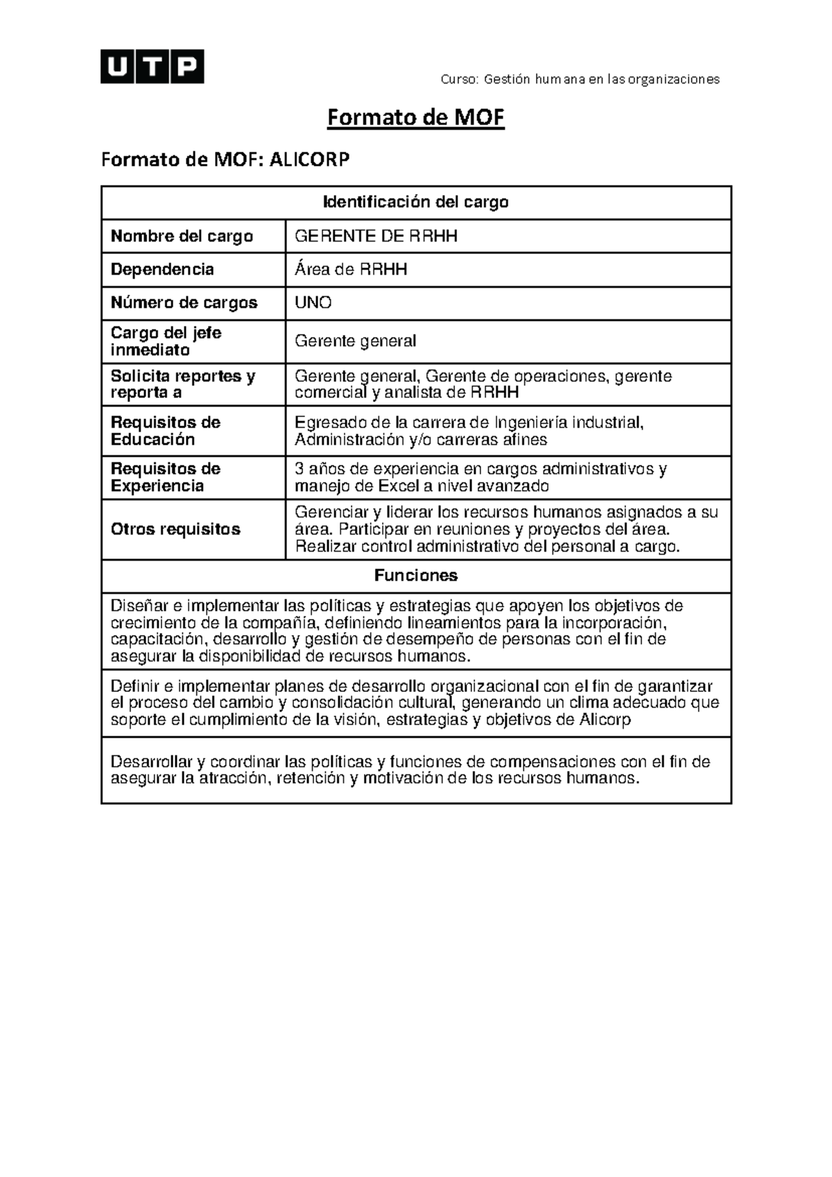Formato MOF - Curso: Gestión humana en las organizaciones Formato de ...