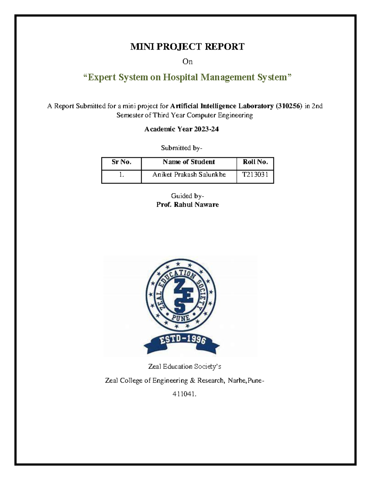 AI Mini project - MINI PROJECT REPORT On “Expert System on Hospital ...