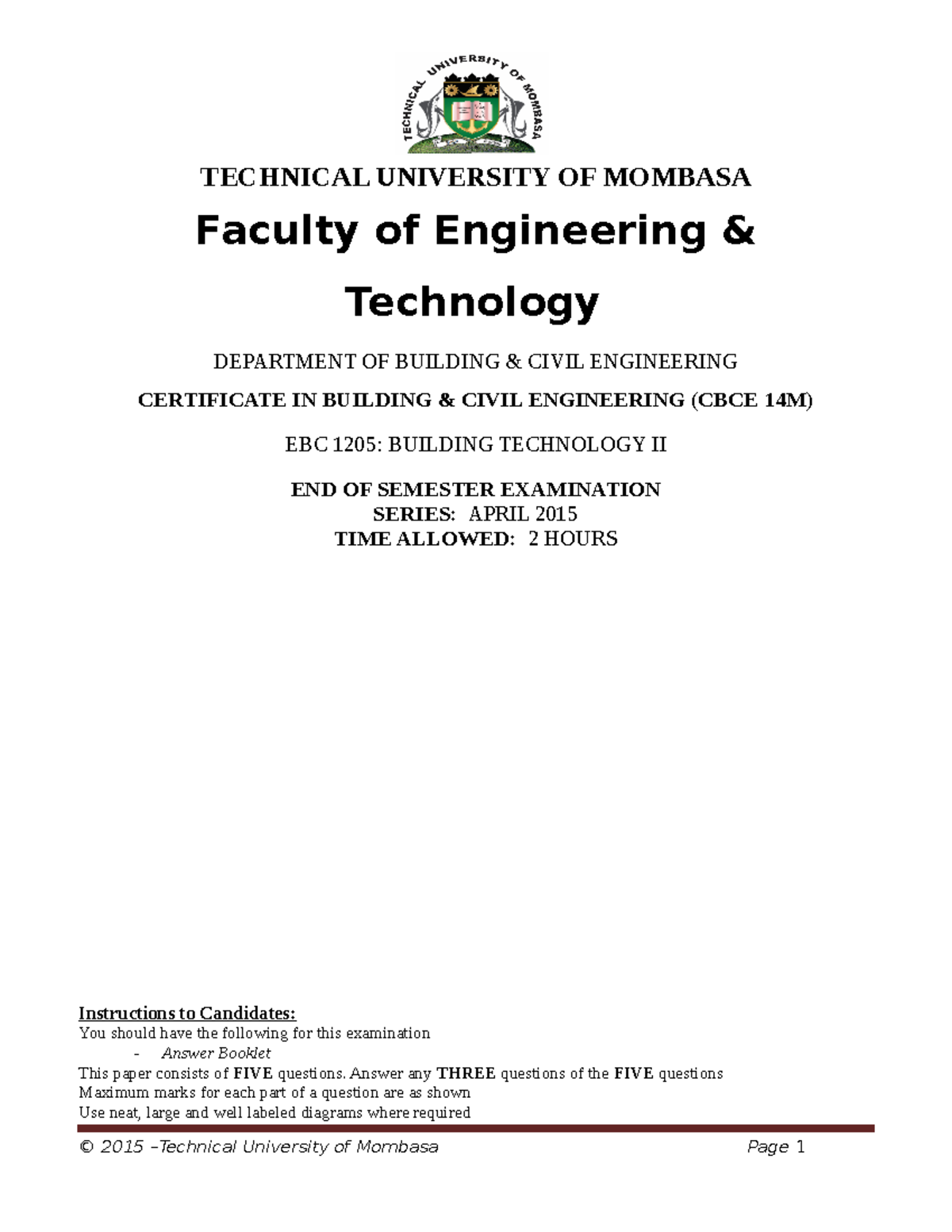 Building Technology II EBC 1205 - cbce 14m - TECHNICAL UNIVERSITY OF MOMBASA Faculty of ...