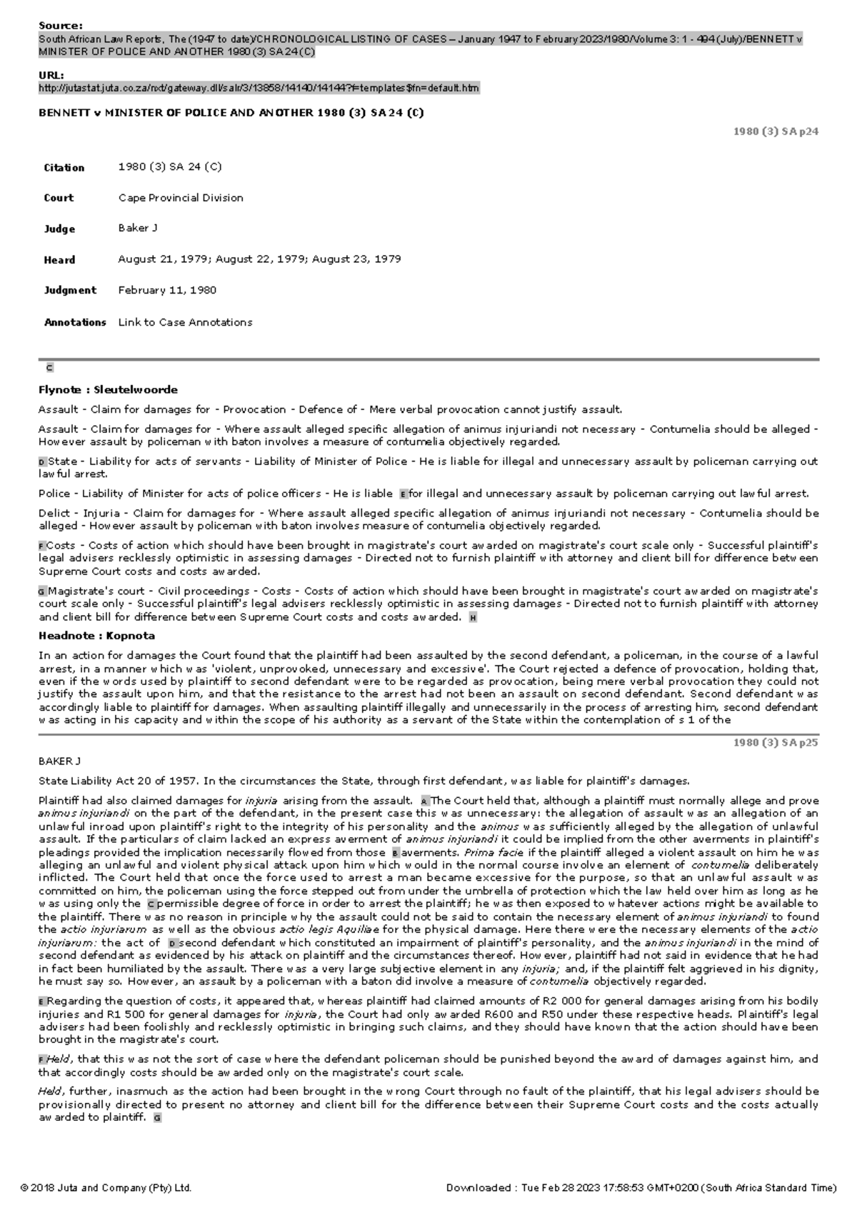 Bennett v Minister OF Police AND Another 1980 3 SA 24 C - Source: South ...