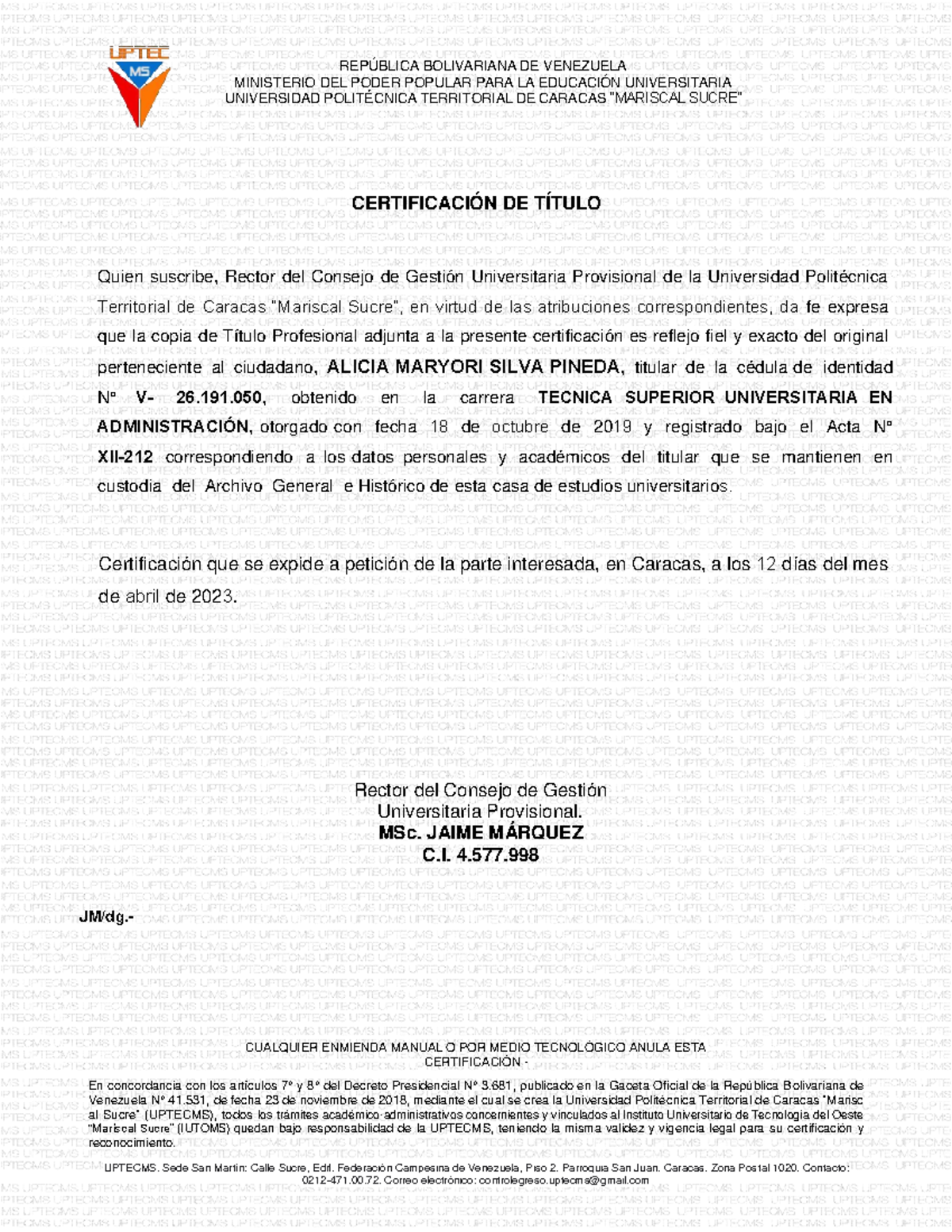 Certificacion DE Titulo Alicia Silva TSU Administracion - REPÚBLICA BOLIVARIANA DE VENEZUELA ...