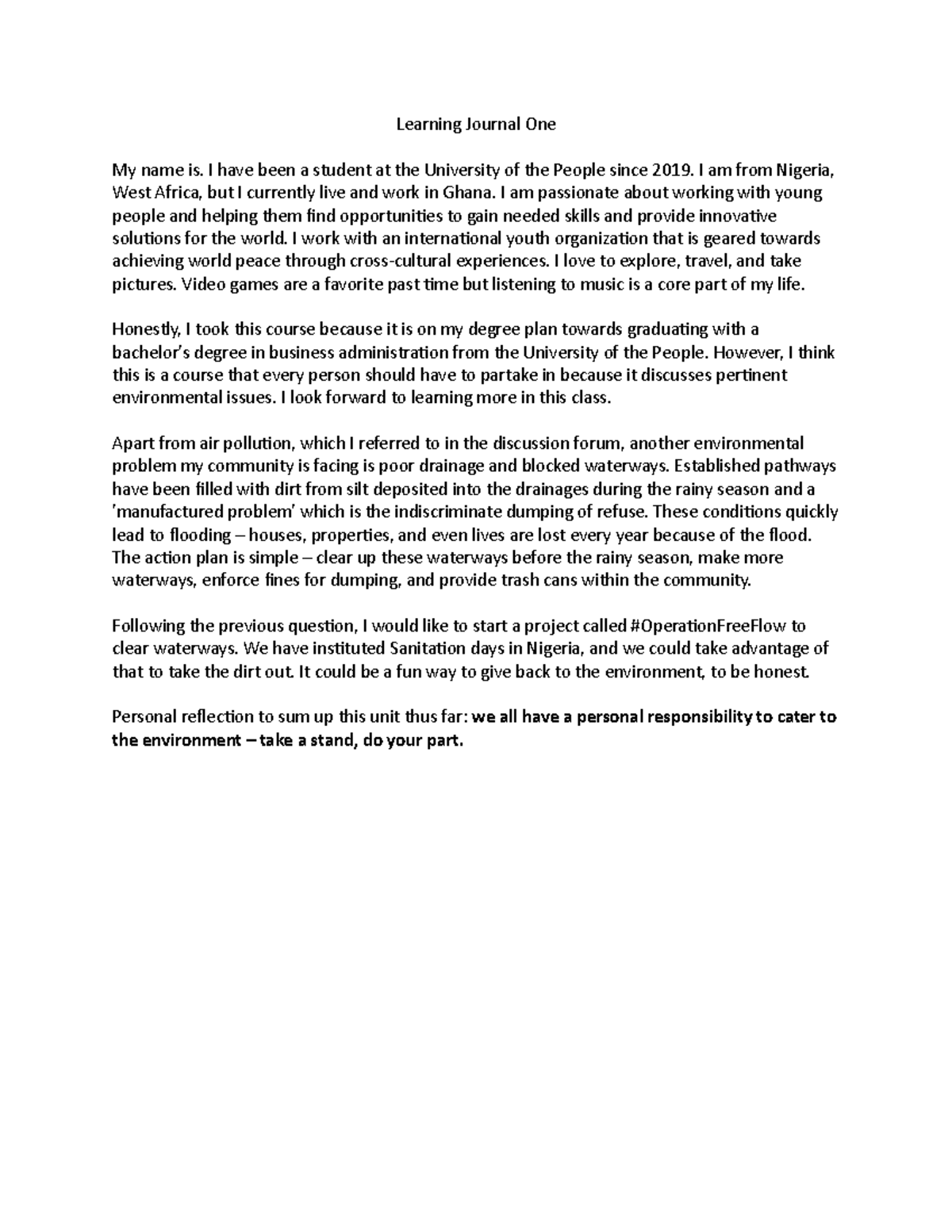 Learning Journal One - learning journal for unit 1 - ENVS 1301 ...