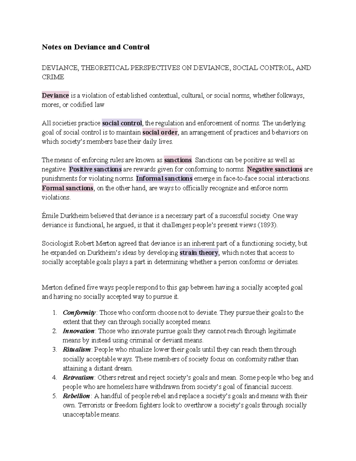 SOC Notes Seven - Notes on Deviance and Control DEVIANCE, THEORETICAL ...