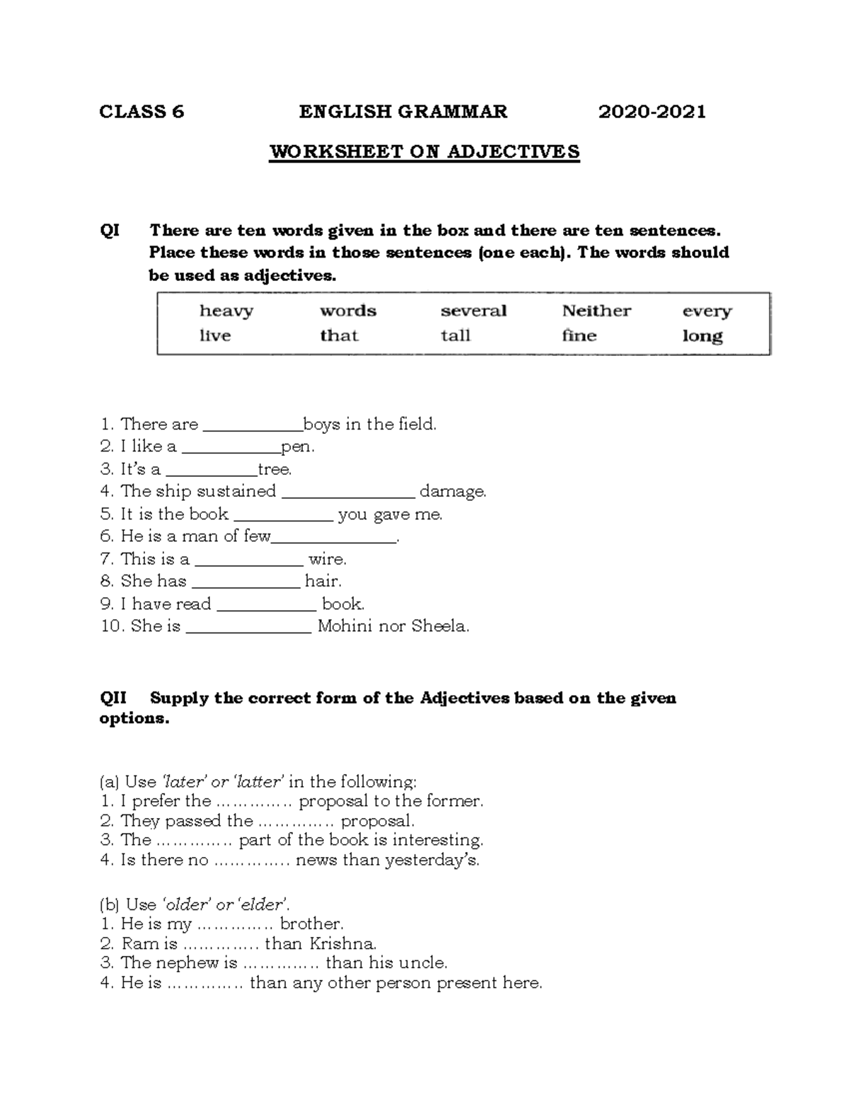 Adjectives Worksheet - AGH ADJECTIBE - CLASS 6 ENGLISH GRAMMAR 2020 ...