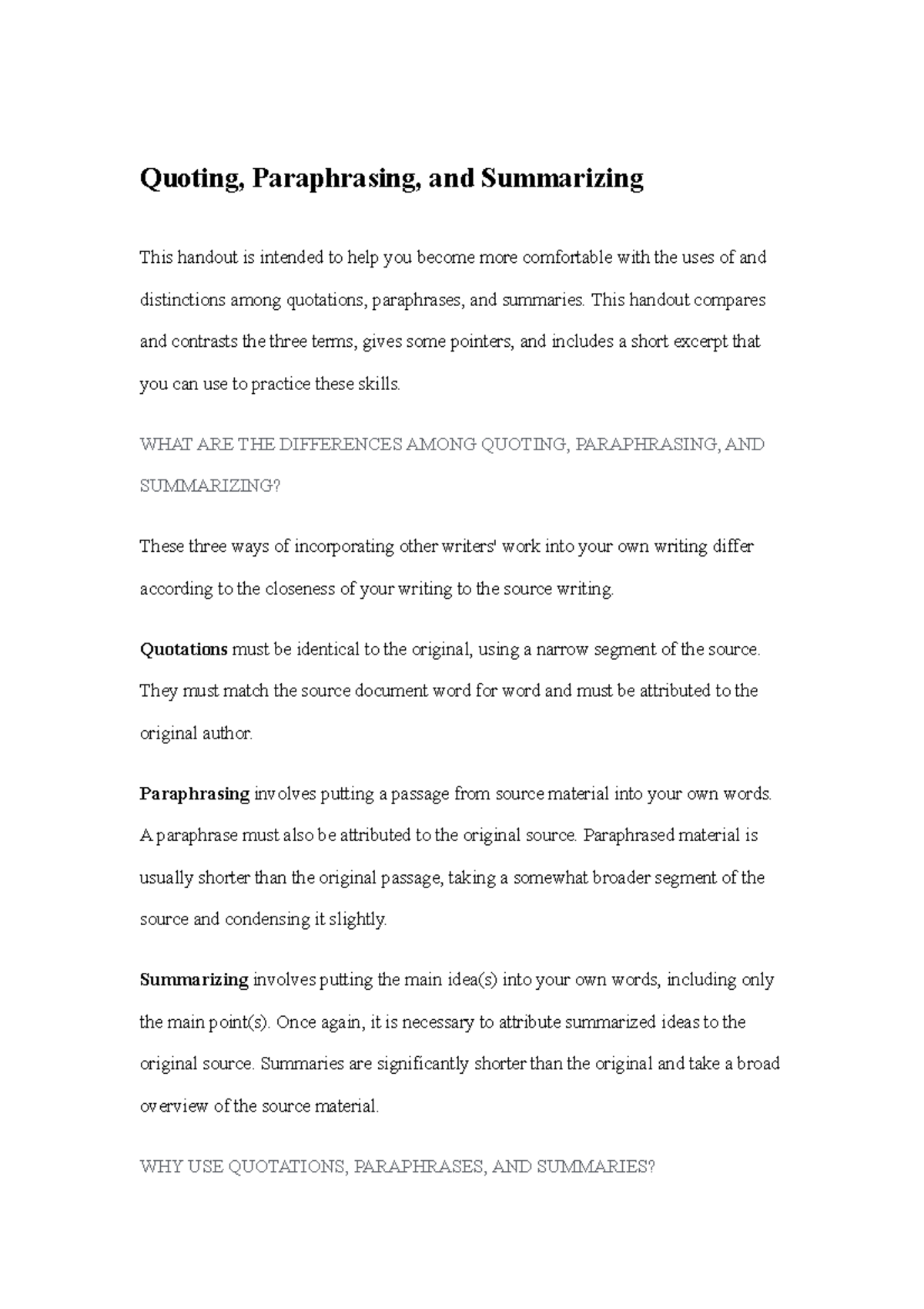 Unit 1 Readings Quoting Paraphrasing And Summarizing This Handout Is Intended To Help You 
