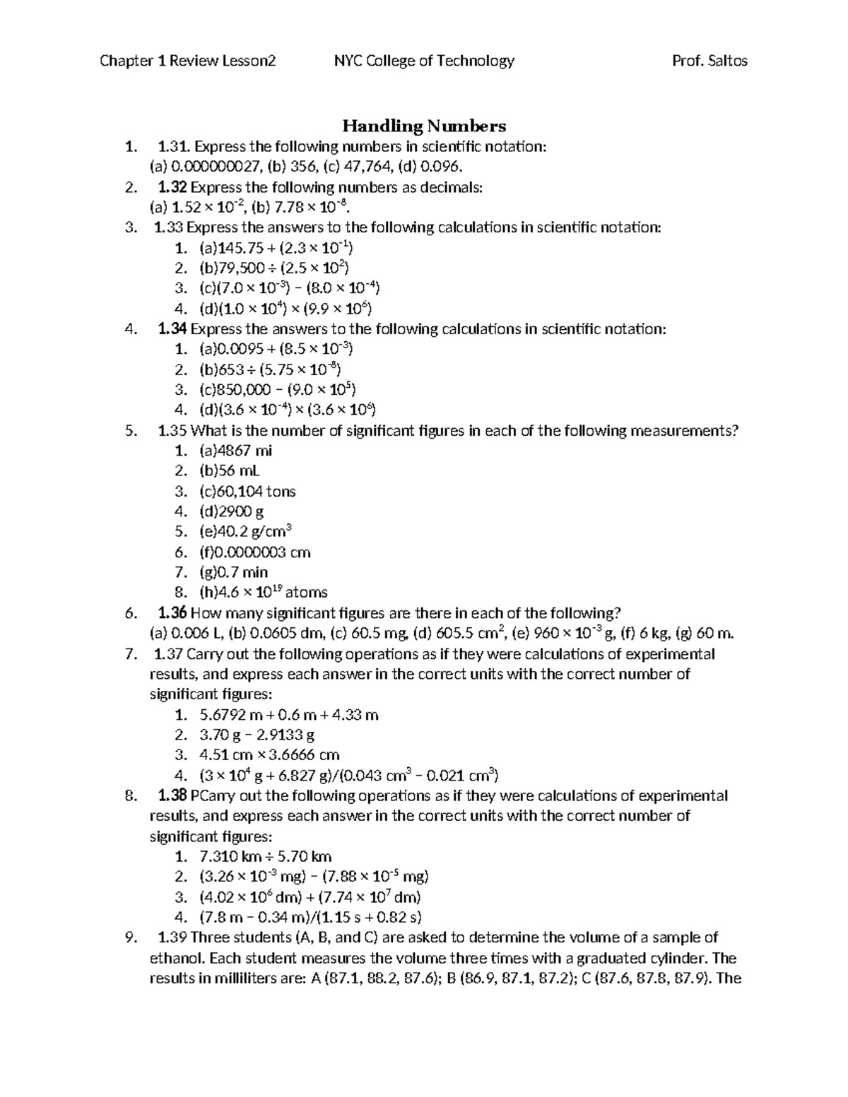 Chapt 1 Lesson 2 Review - Handling Numbers Express the following numbers in scientific notation ...