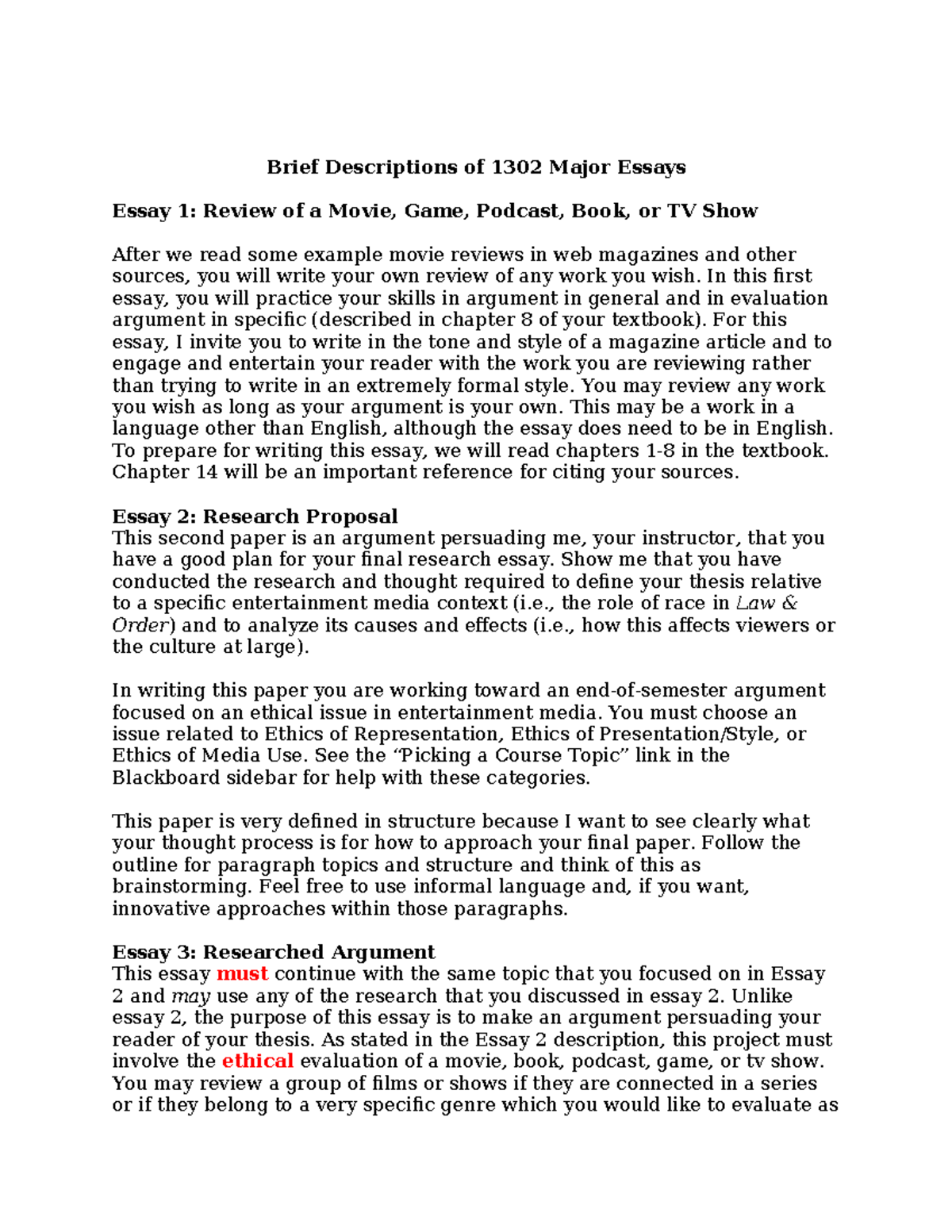 Brief Descriptions of 1302 Major Essays - In this first essay, you will ...