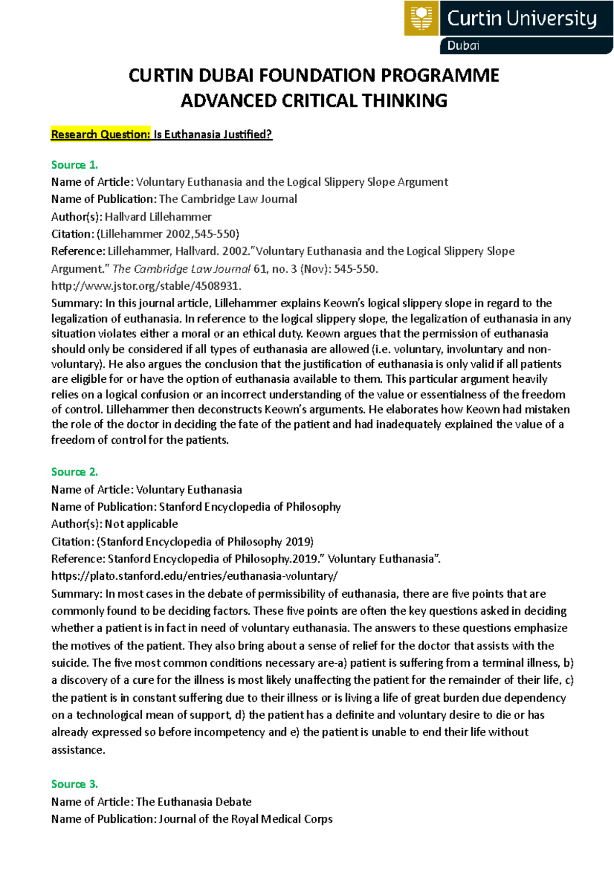 Euthanasia Lit Rev - CURTIN DUBAI FOUNDATION PROGRAMME ADVANCED CRITICAL THINKING Research ...