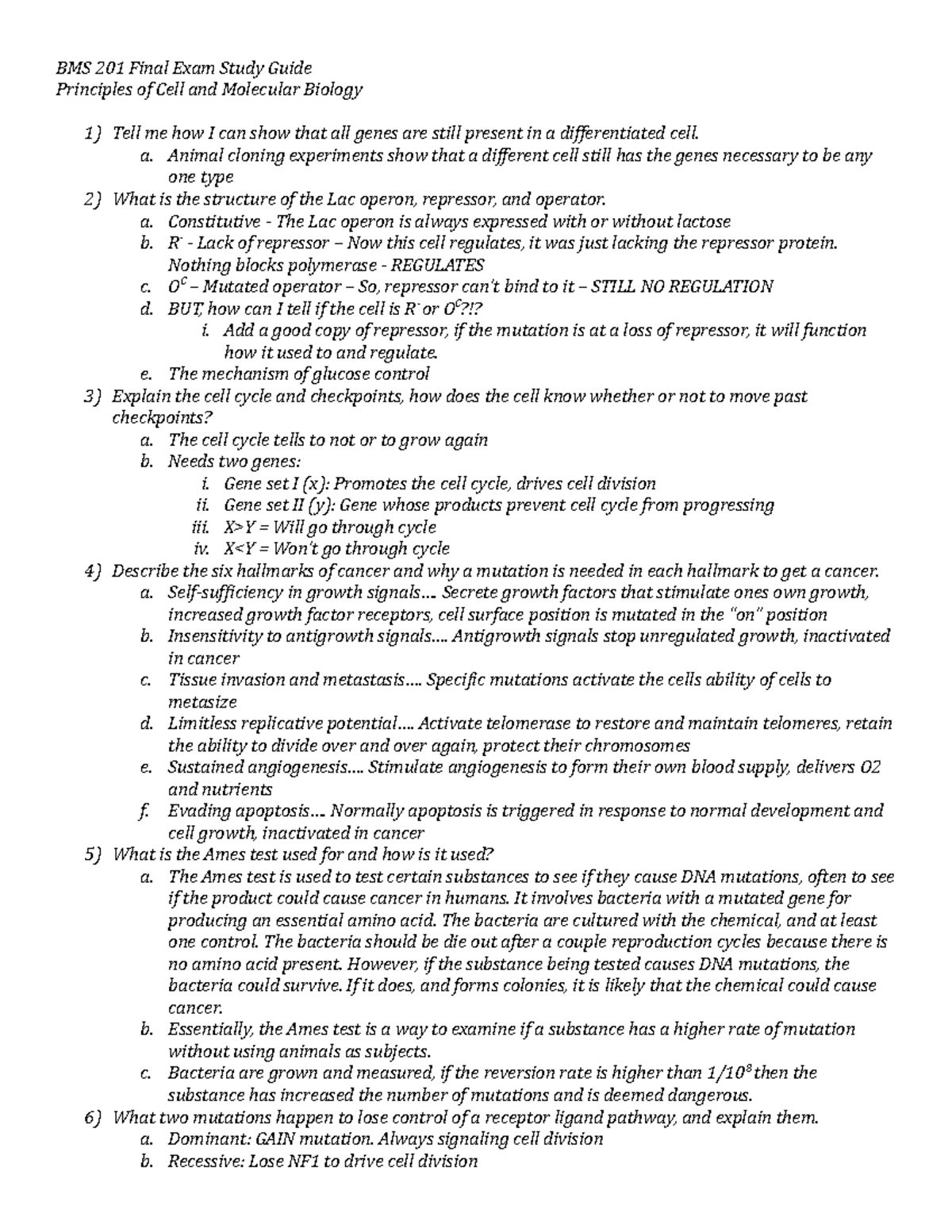 BMS 201 Final Study Guide - BMS 201 Final Exam Study Guide Principles of Cell and Molecular ...