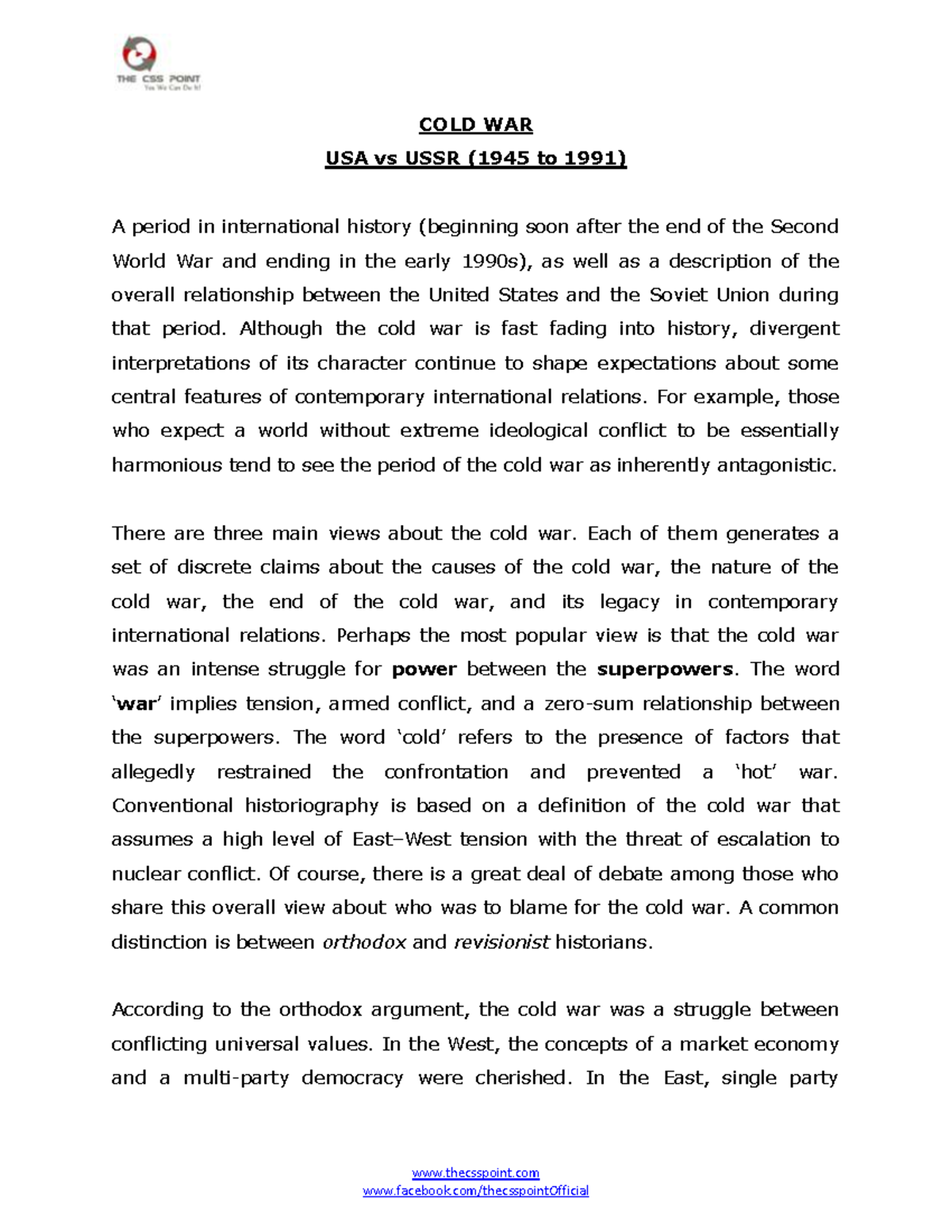 COLD WAR - Cold War - thecsspoint COLD WAR USA vs USSR (1945 to 1991) A ...