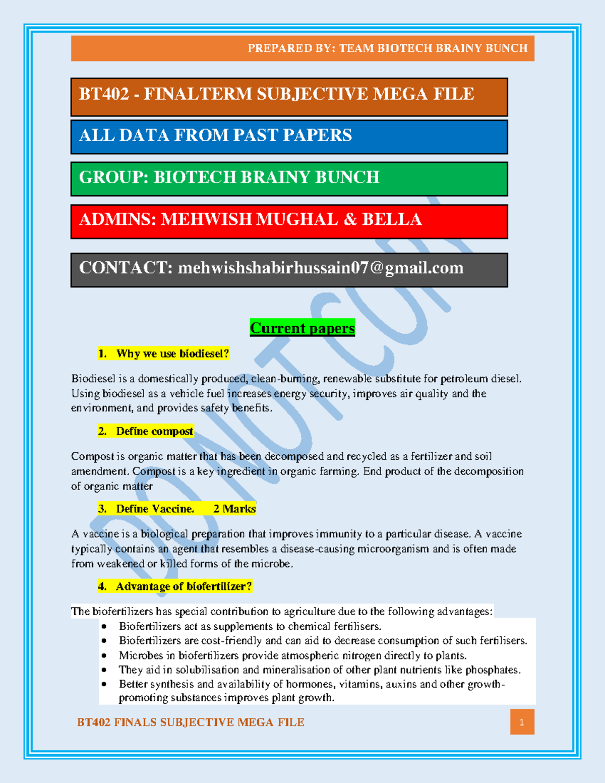 BT402 Finalterm Mega File by Biotech Brainy Bunch - Current papers Why ...