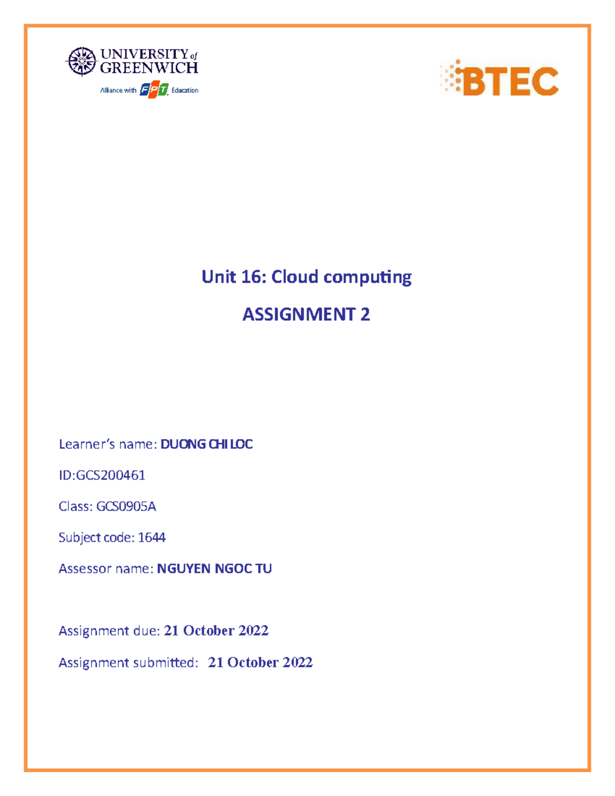 1644 GCS2004 61 Duong Chi Loc Assignment 2 - Unit 16: Cloud computing ASSIGNMENT 2 Learner’s ...